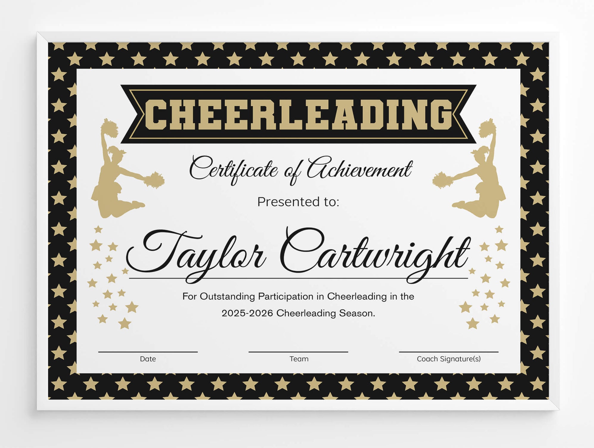 Cheerleading Sport Award Black and Gold Template | Cheerleader ...