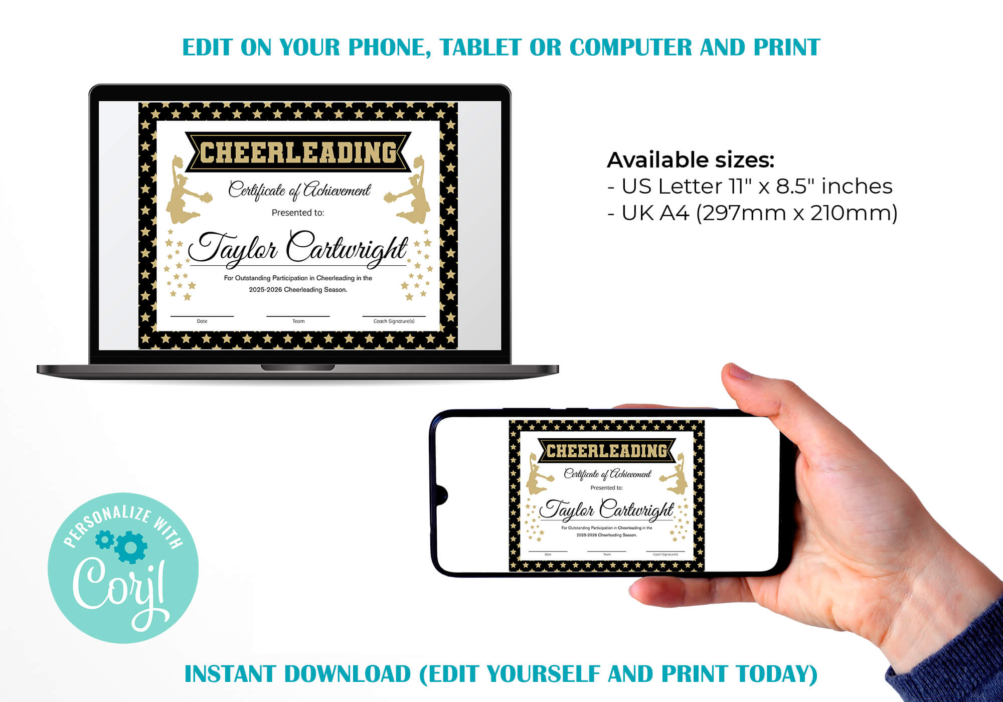 Cheerleading Sport Award Black and Gold Template | Cheerleader ...
