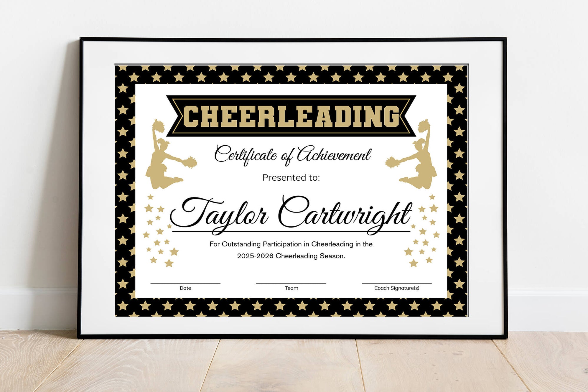 Cheerleading Sport Award Black and Gold Template | Cheerleader ...