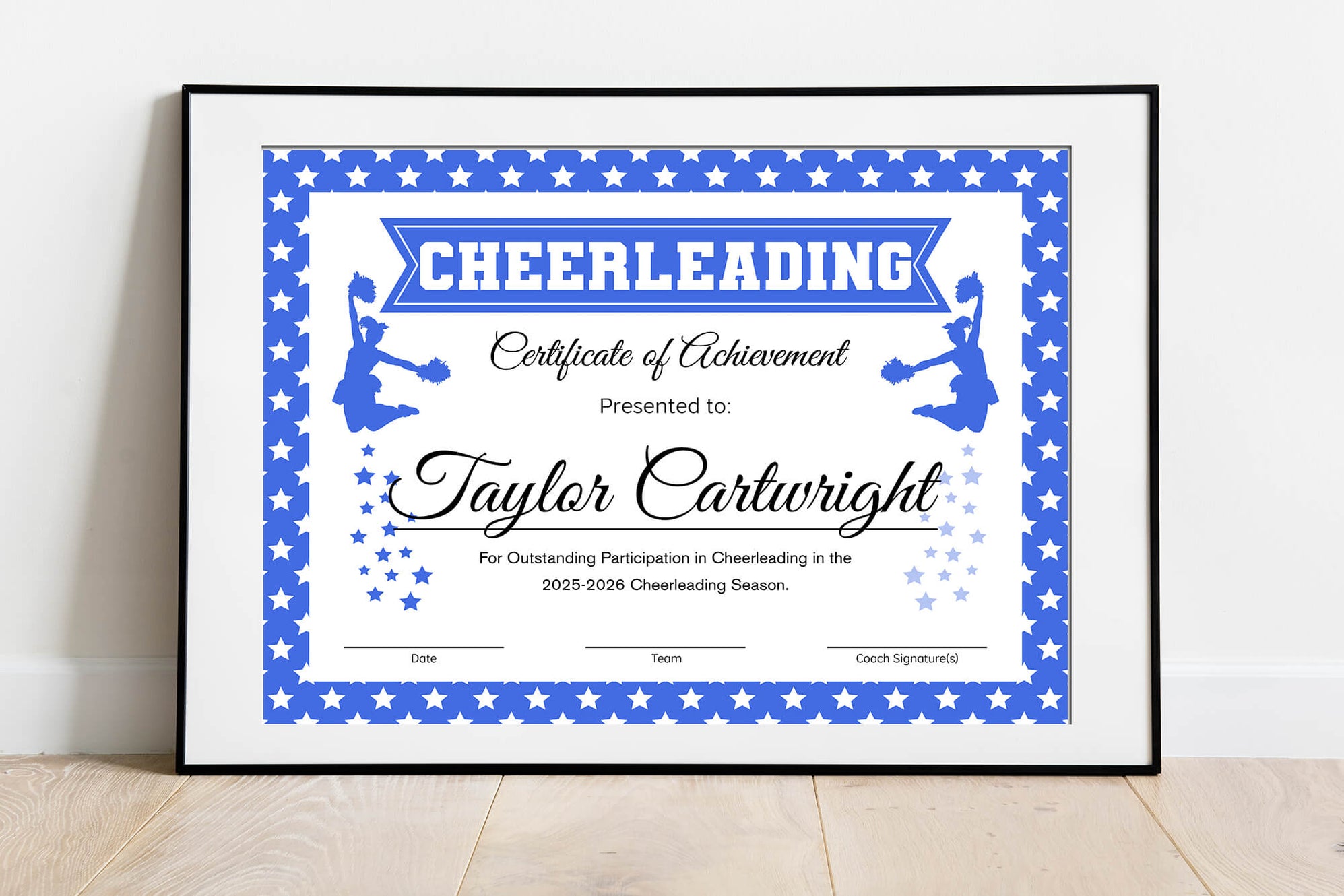Cheerleader Certificate Royal Blue Template | Cheerleading Sport Award ...