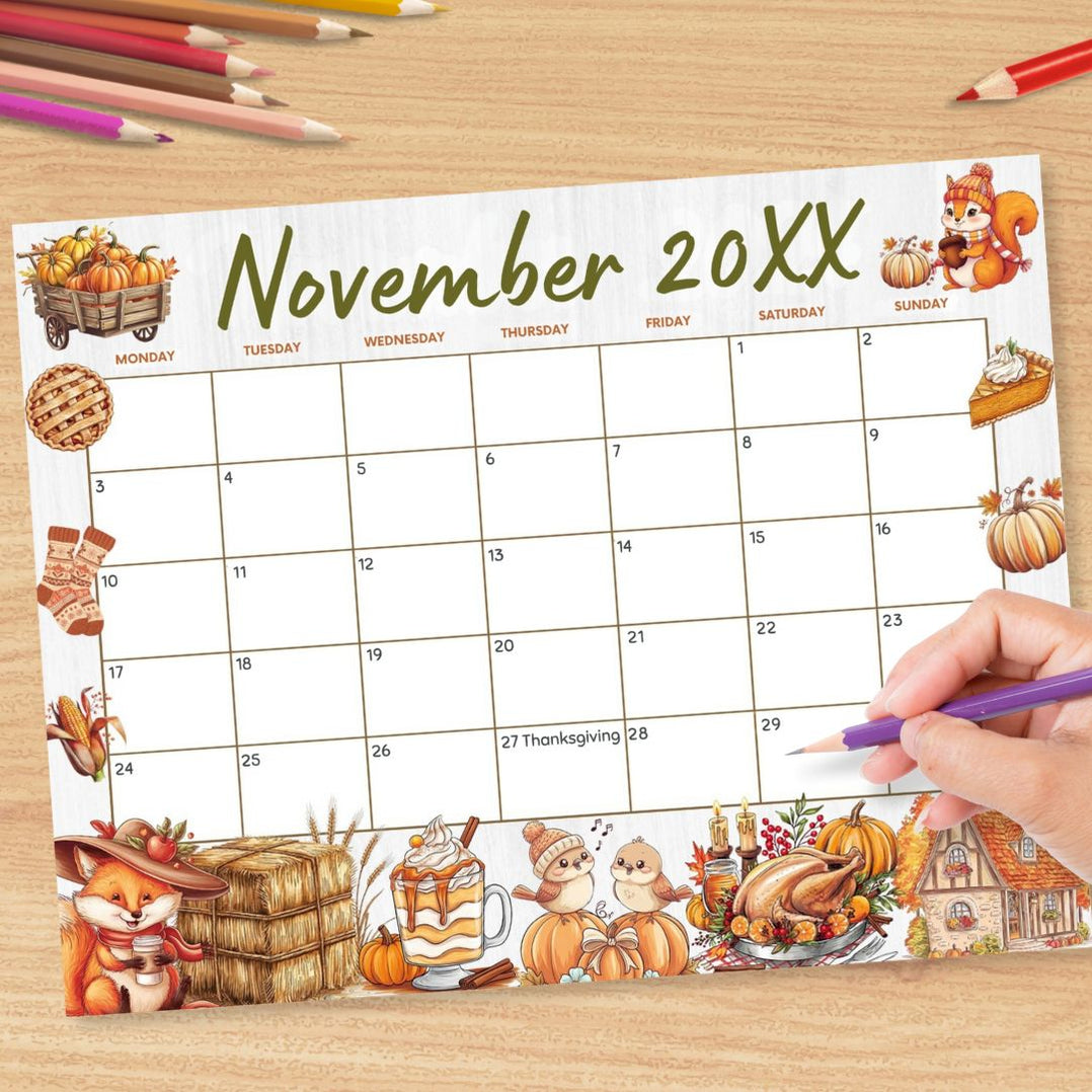 Customizable November Calendar Printable for Fall Thanksgiving - Posh Park