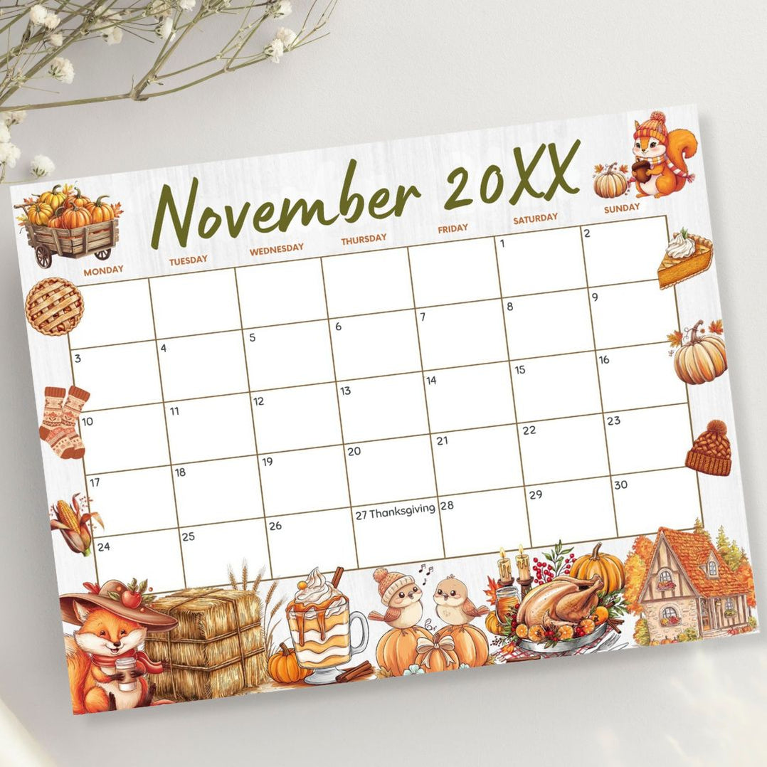 Customizable November Calendar Printable for Fall Thanksgiving - Posh Park