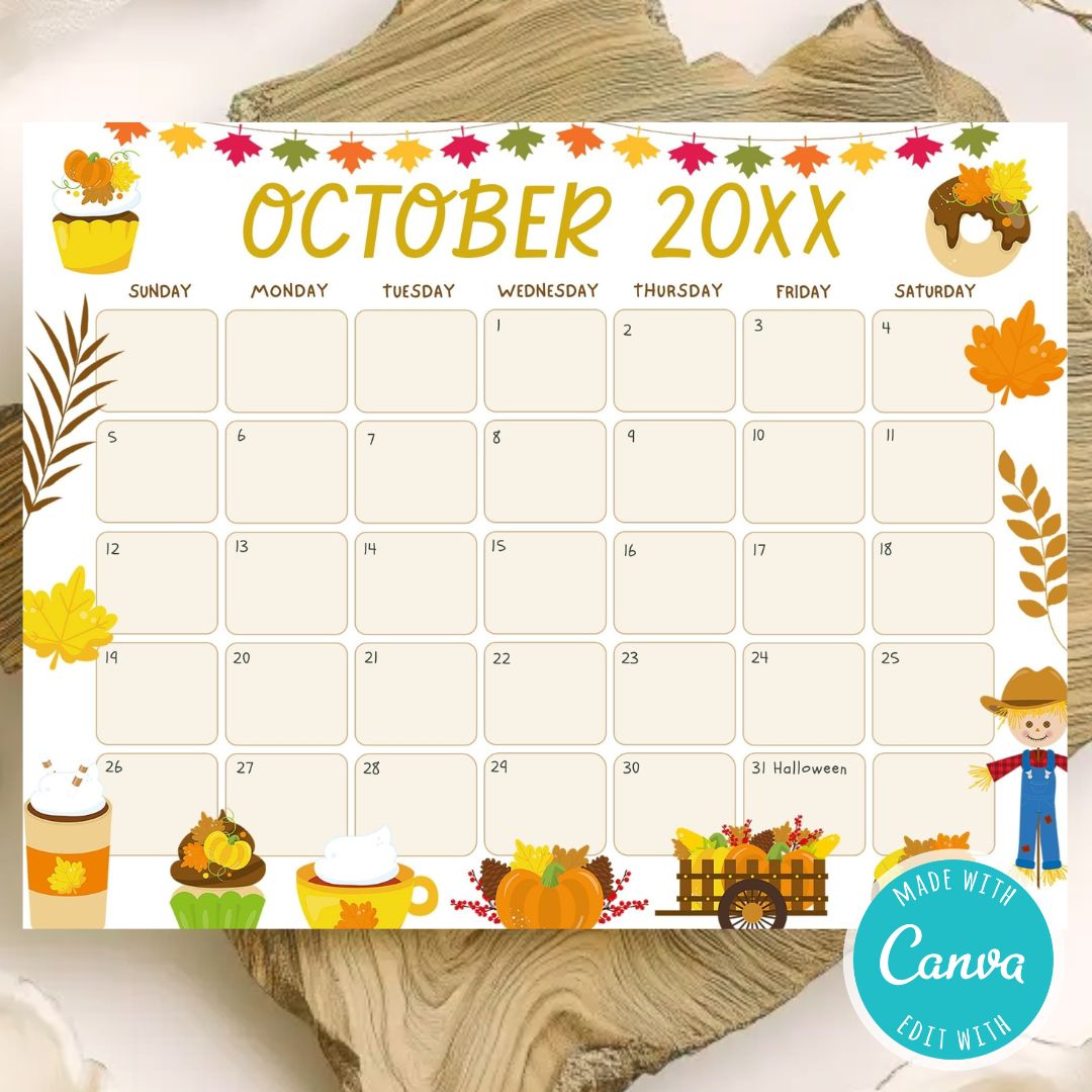 DIY Cute Autumn Harvest October Calendar Template - Posh Park