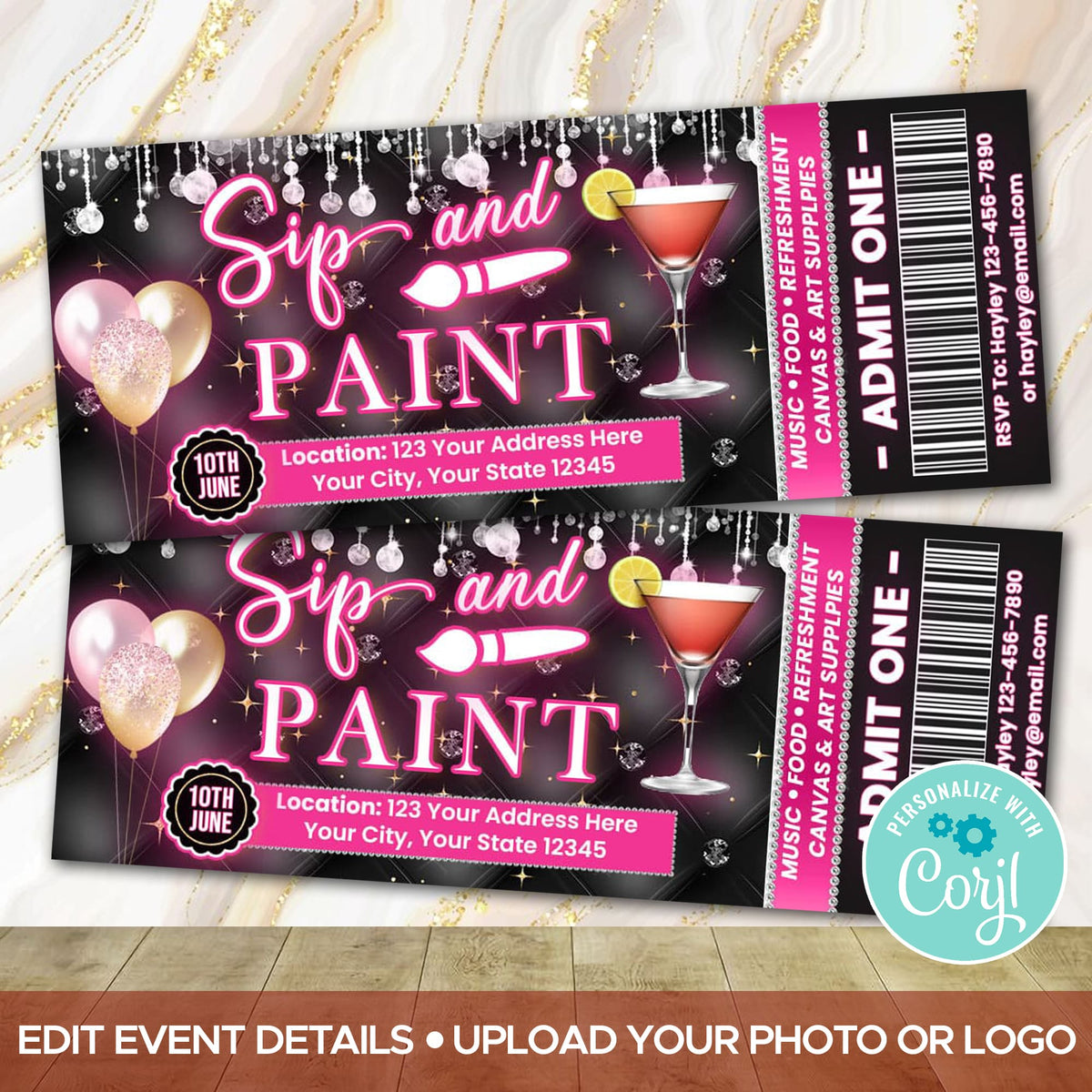 Customizable Sip and Paint Ticket | Paint Party Themed Event Template ...