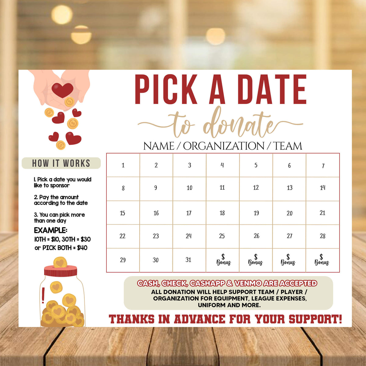 Printable Donation Fundraiser Calendar for Events - Posh Park