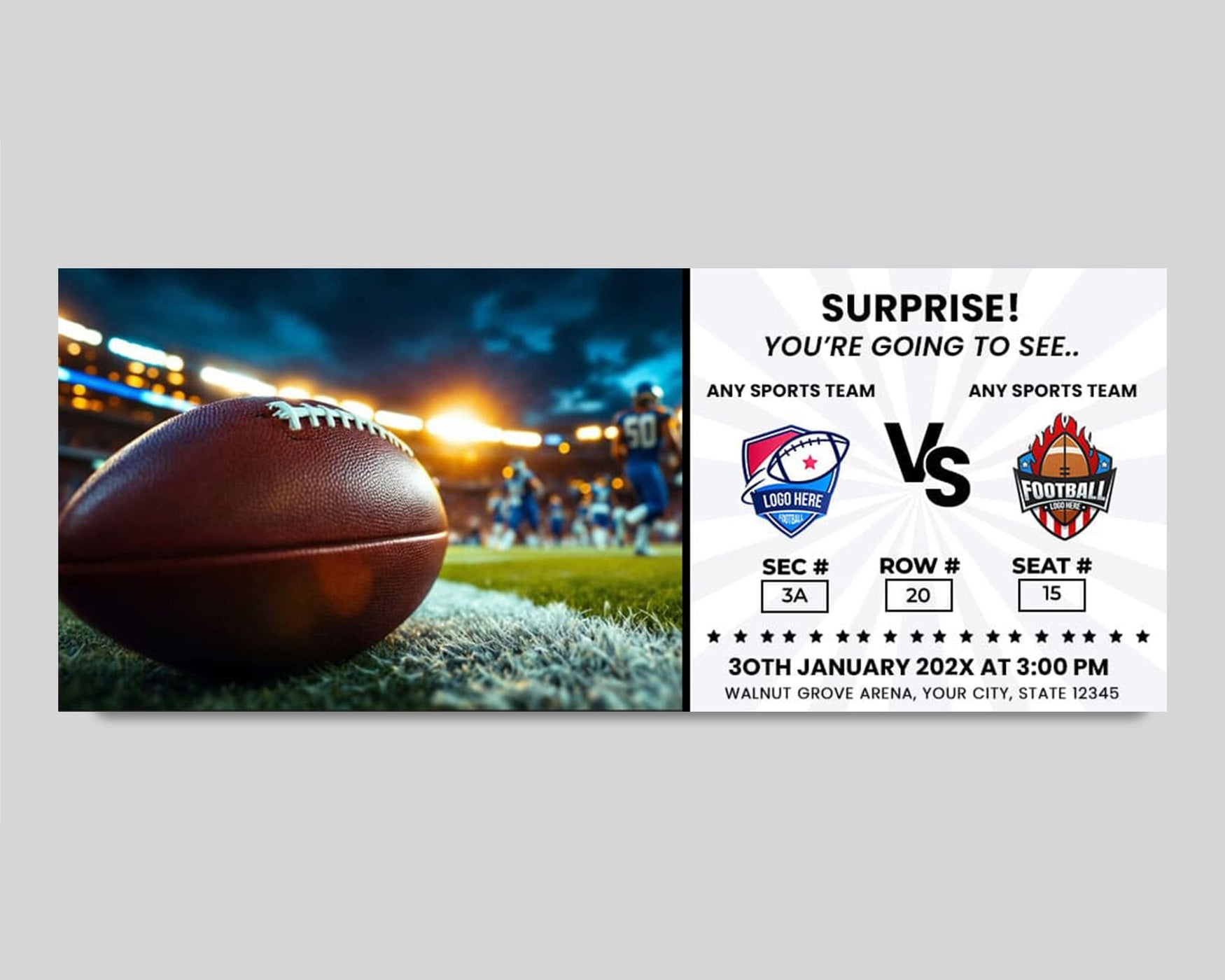 Football Game Sports Ticket Template | Surprise Rugby Sports Game ...