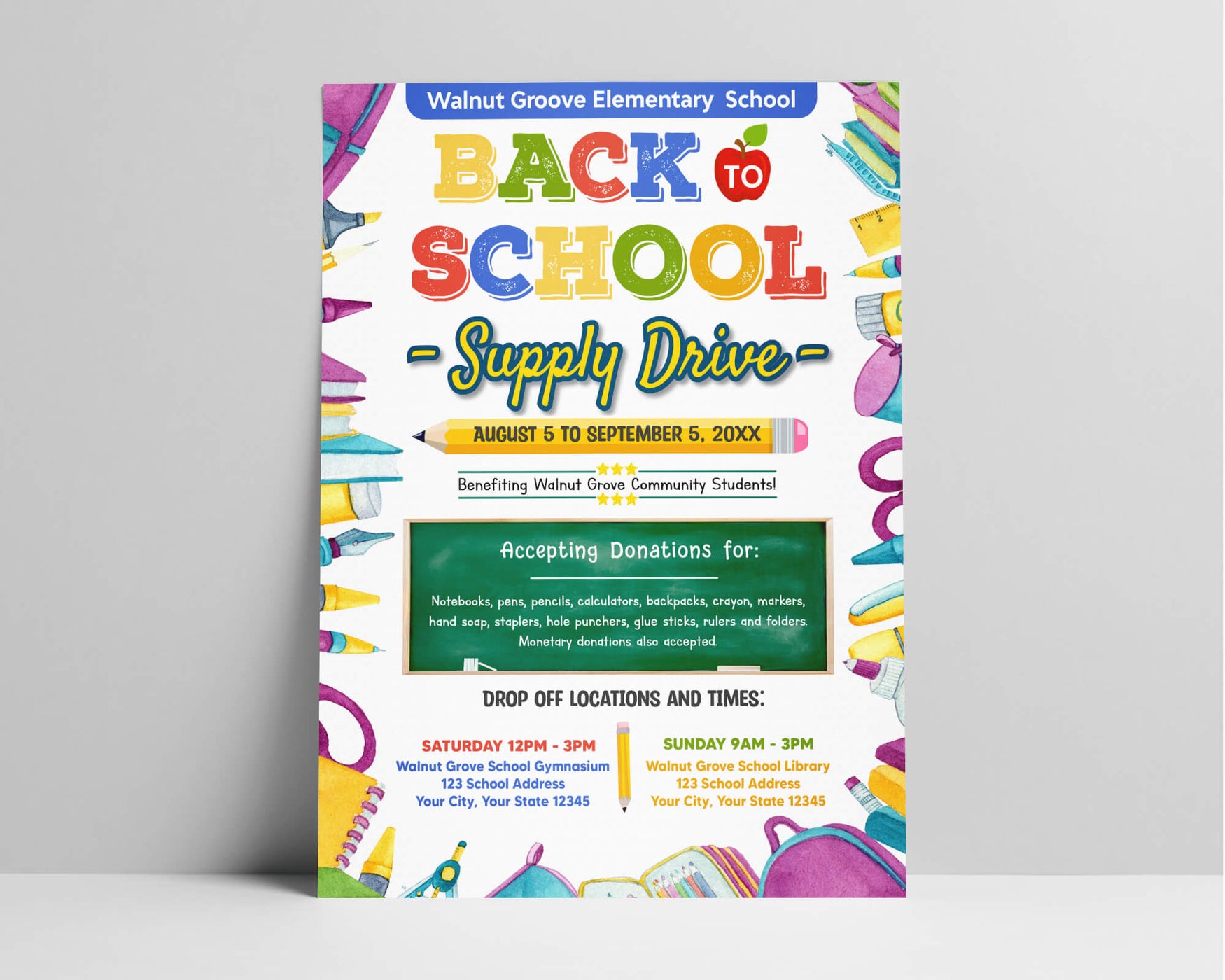 Customizable Back To School Supply Drive Flyer | School Fundraising ...
