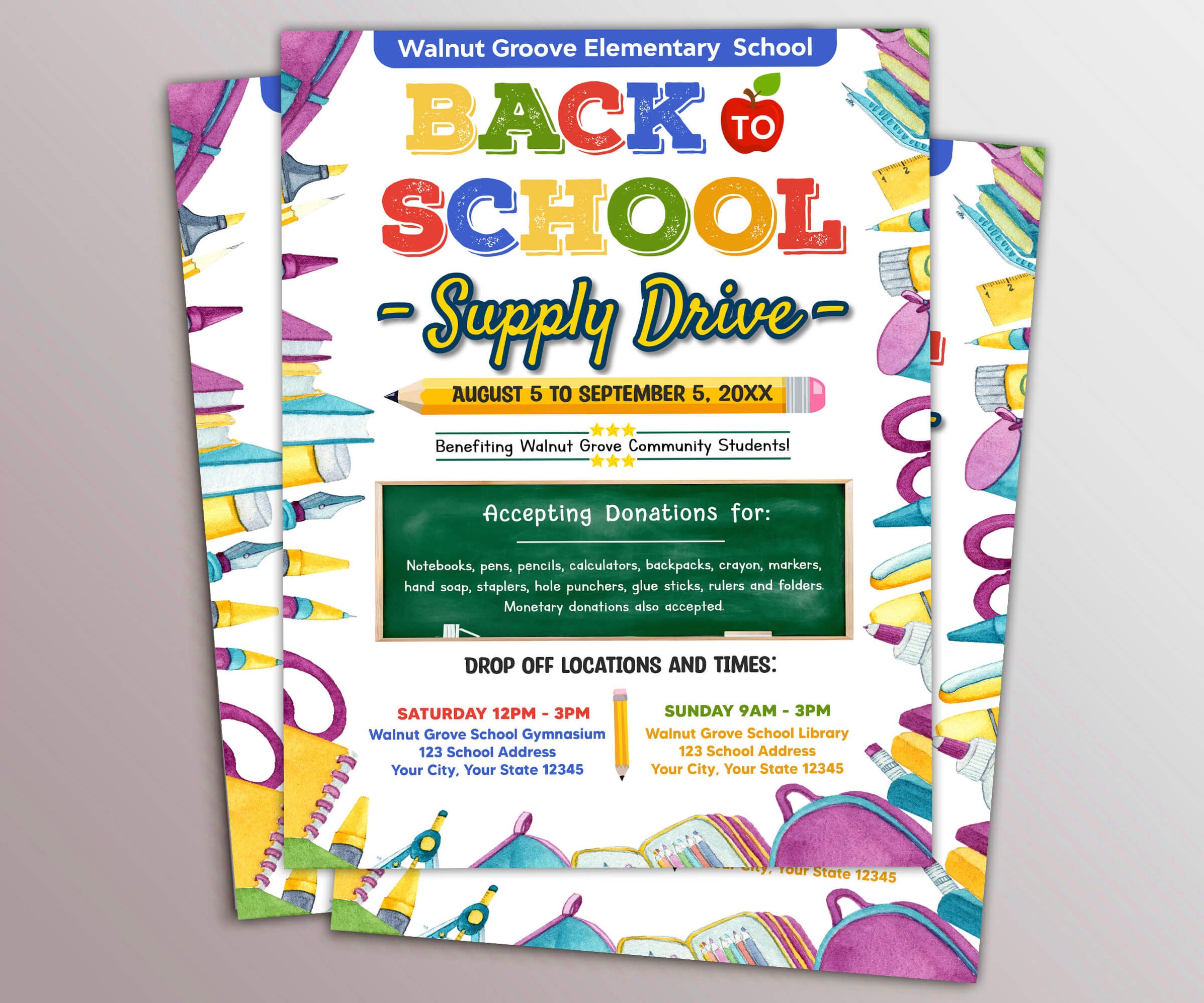 Customizable Back To School Supply Drive Flyer | School Fundraising ...
