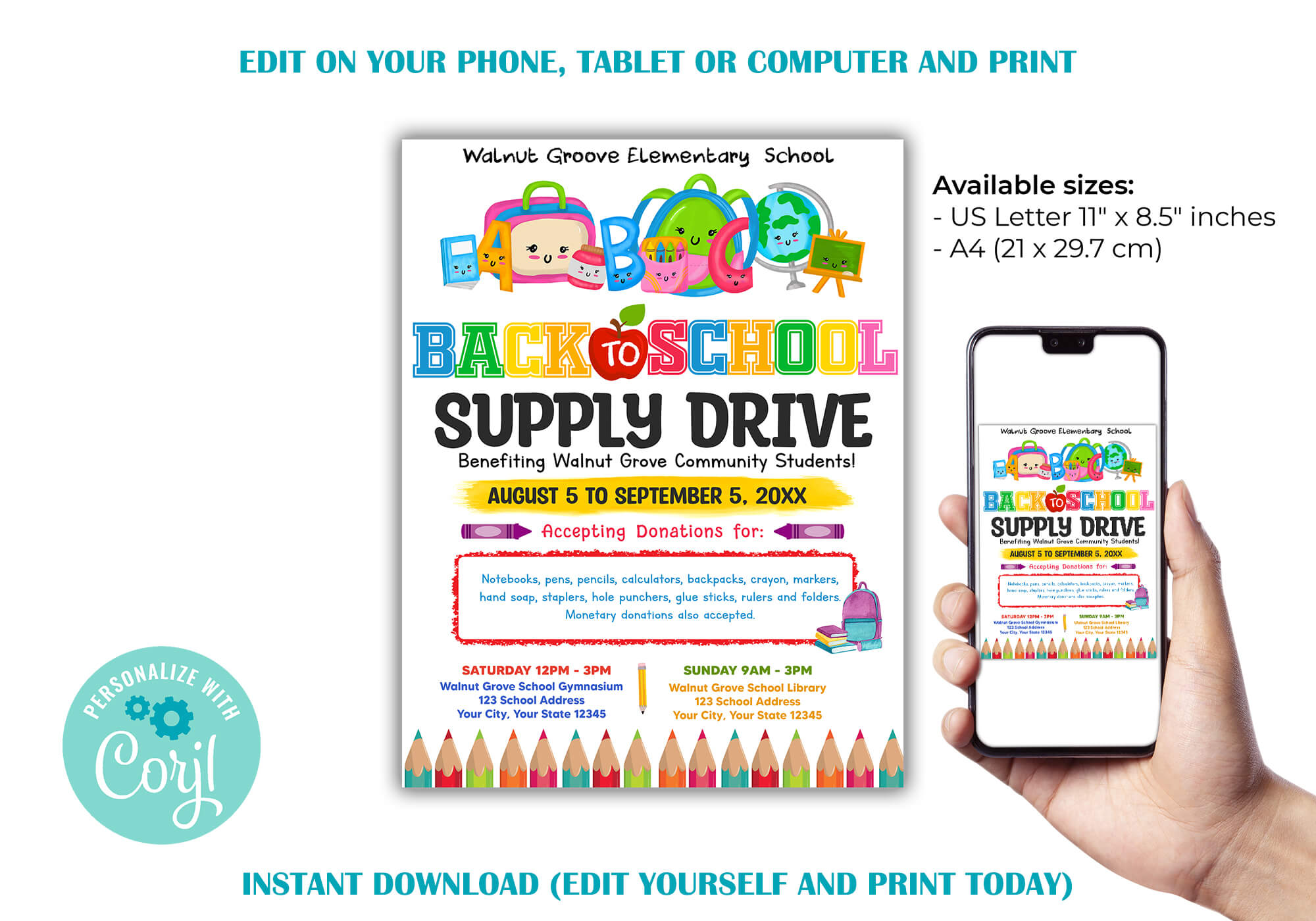 DIY Back To School Supply Drive Flyer | Fundraising Event Flyer ...