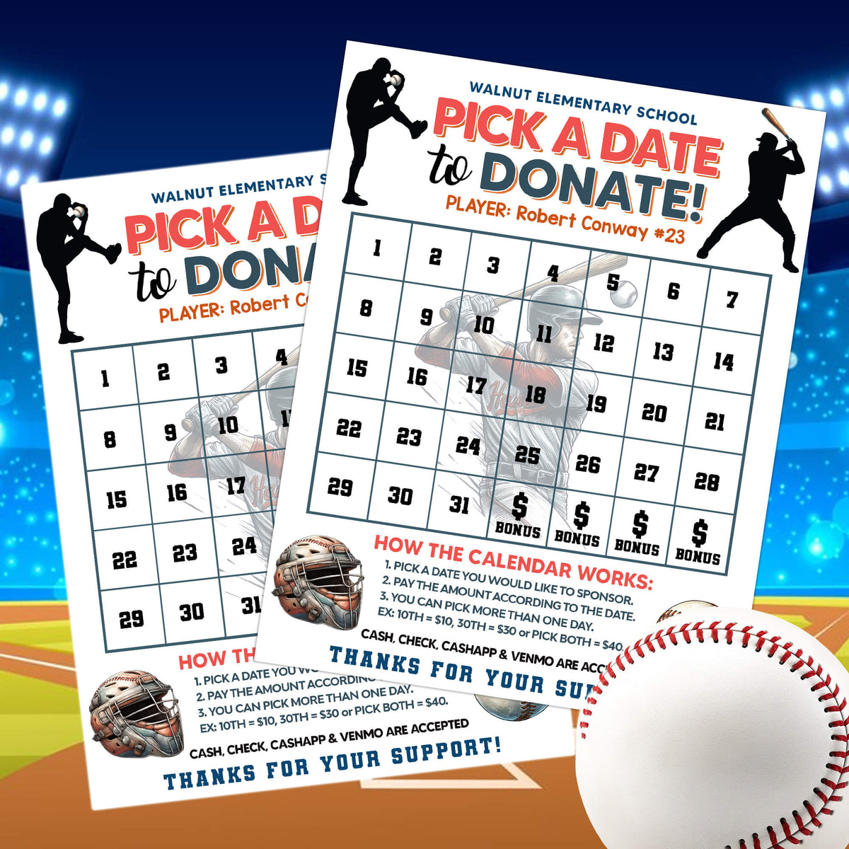 Baseball Pick a Date to Donate Fundraising Calendar | Fundraiser Pay ...