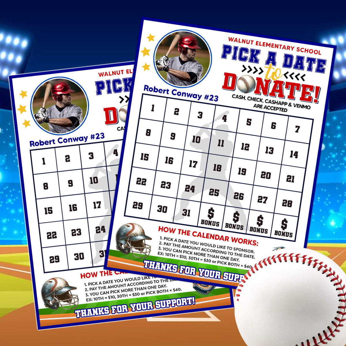 Baseball Fundraising Donation Calendar Template | Sports Fundraiser ...