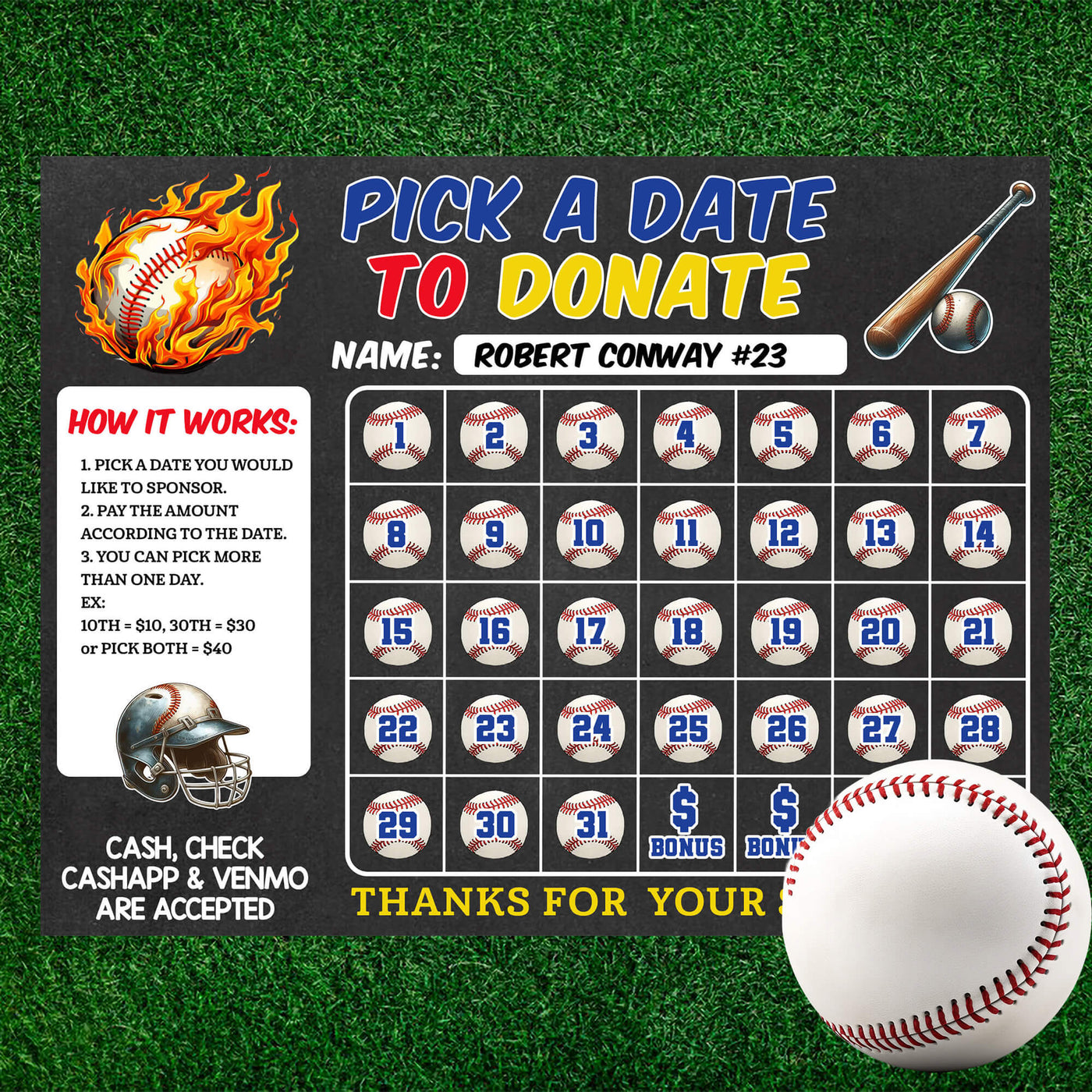 Baseball Fundraiser Donation Calendar Template | Pick a Date to Donate ...