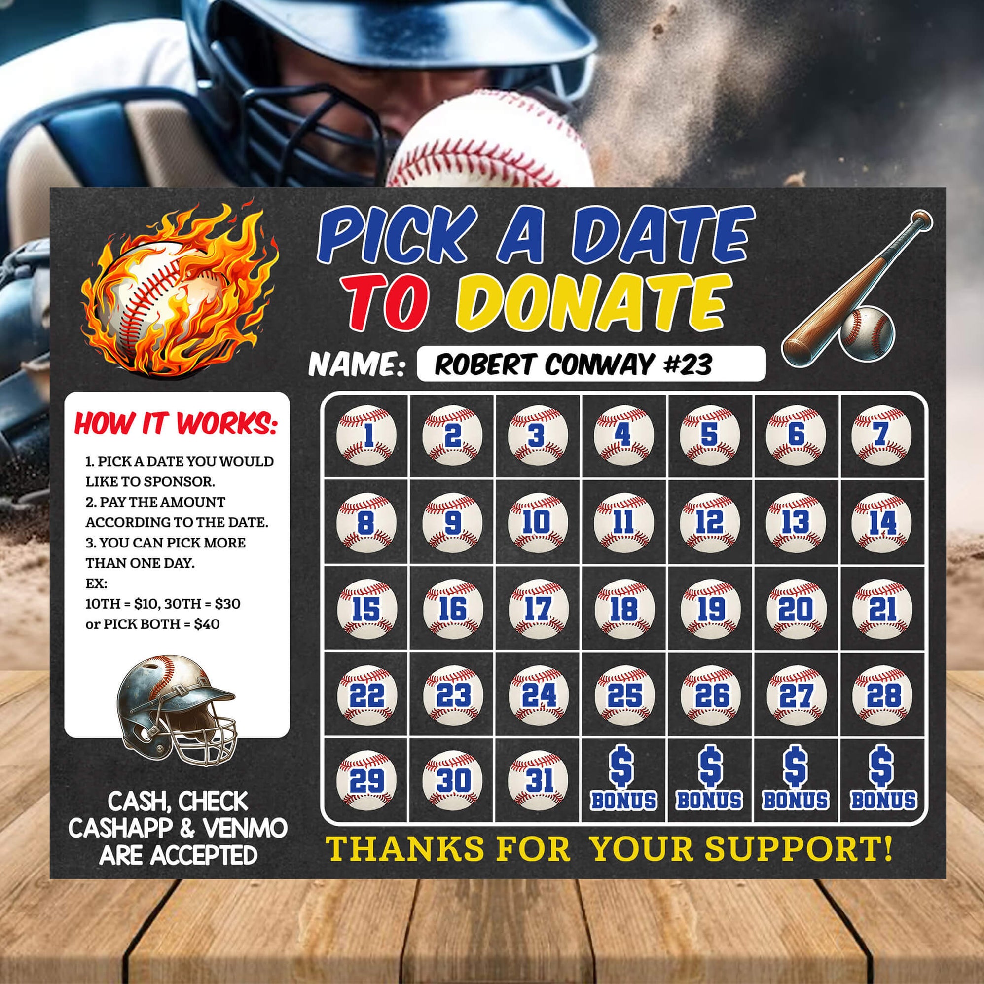 Baseball Fundraiser Donation Calendar Template | Pick a Date to Donate ...