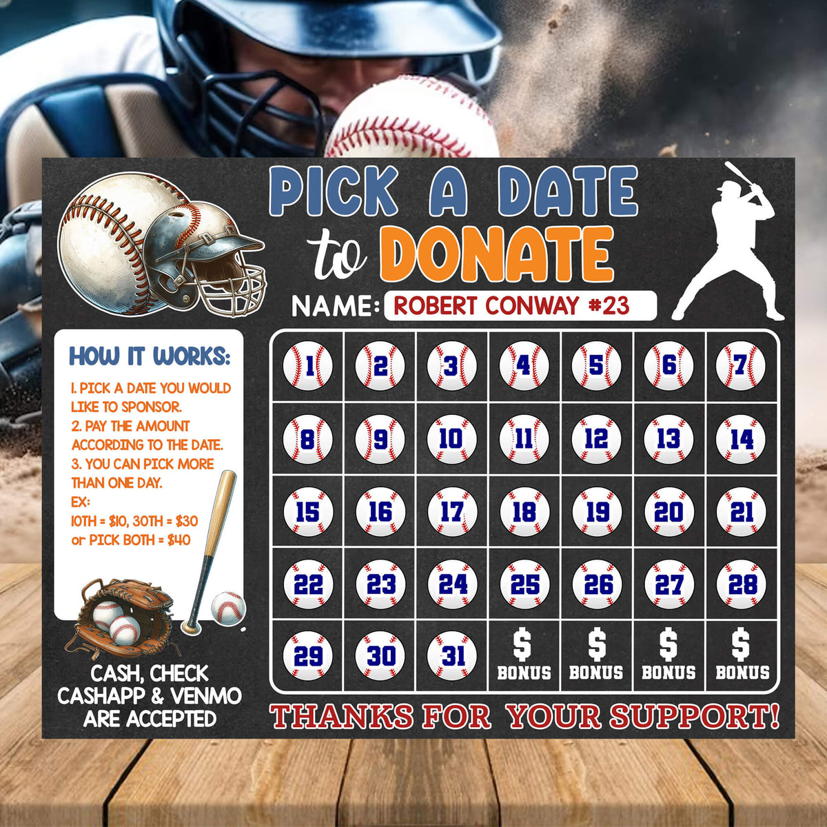 DIY Baseball Sports Donation Calendar | Pick a Date to Donate ...
