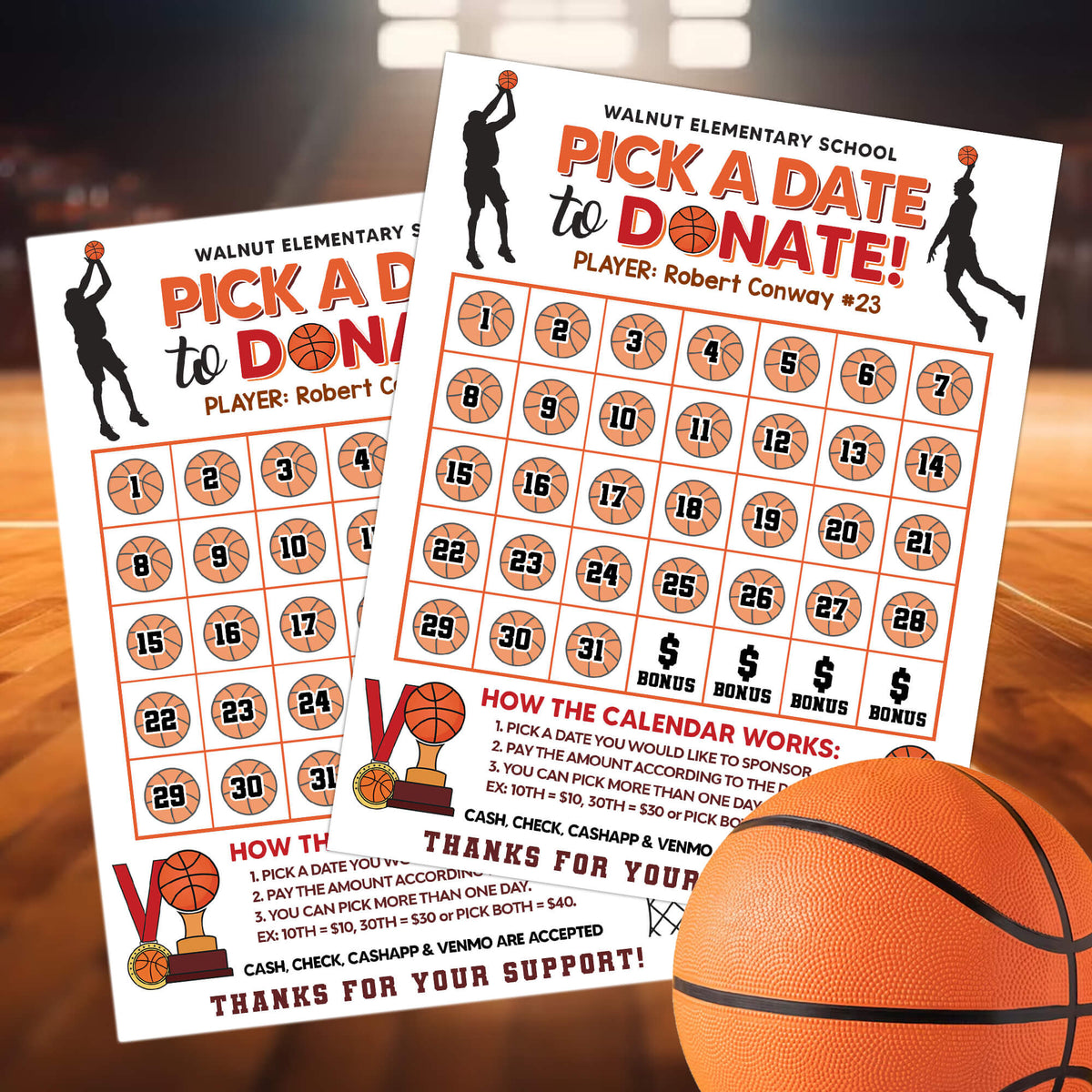 Basketball Pick a Date to Donate Fundraising Calendar | Fundraiser Pay ...