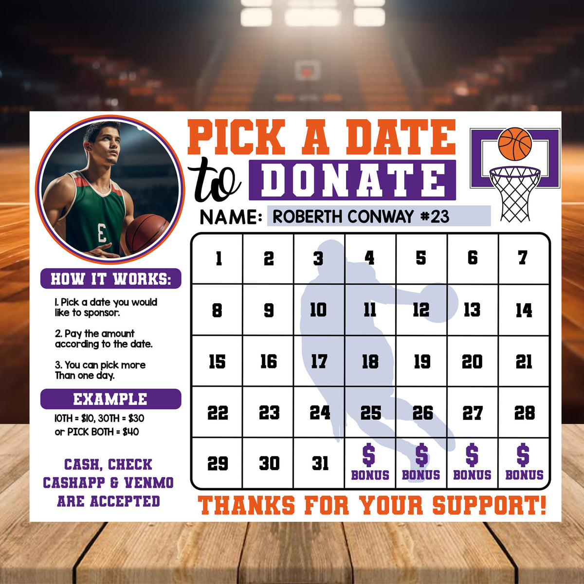 Basketball Pick A Date To Donate | Fundraising Donation Calendar ...