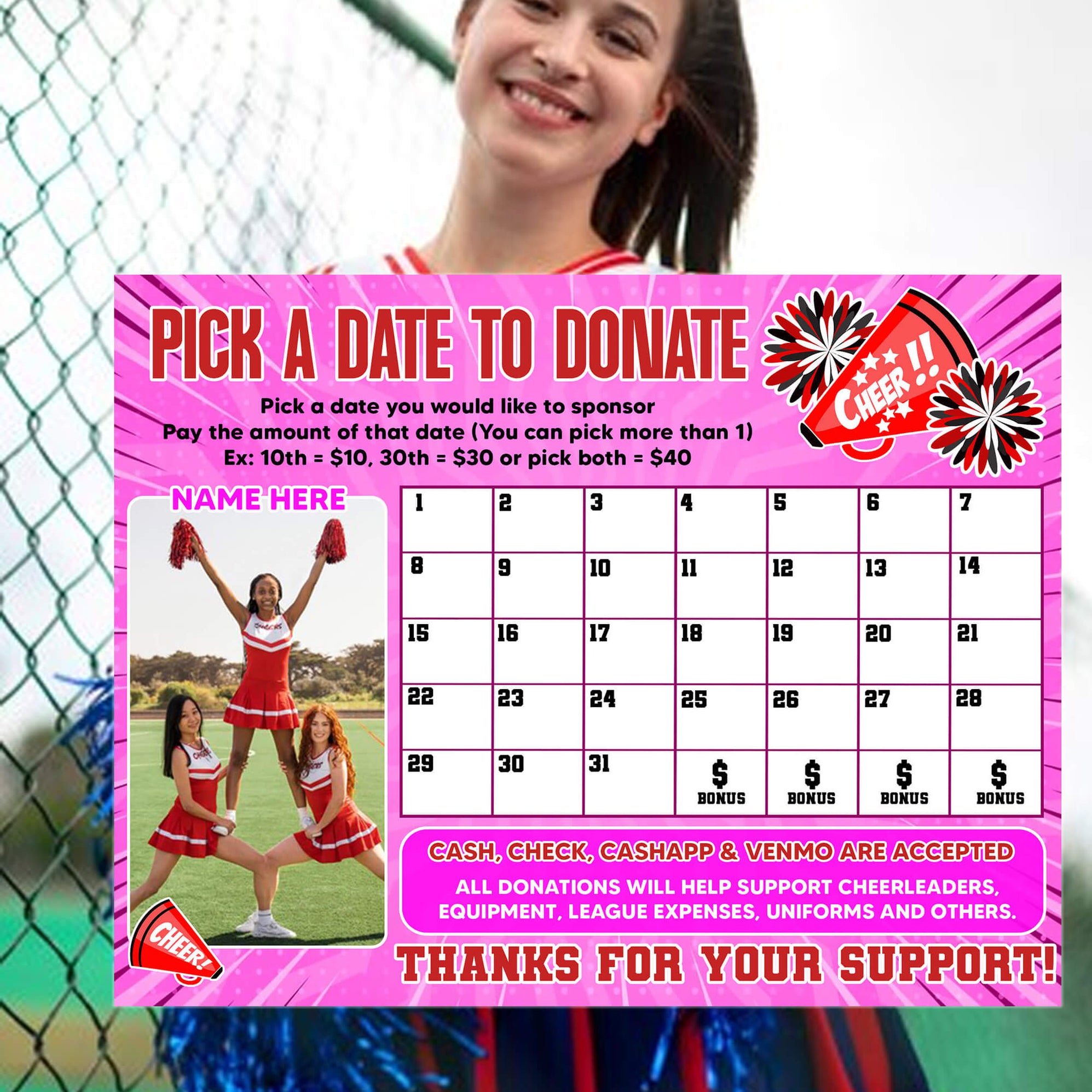 Cheerleading Pick a Date to Donate Fundraising Calendar | Fundraiser ...