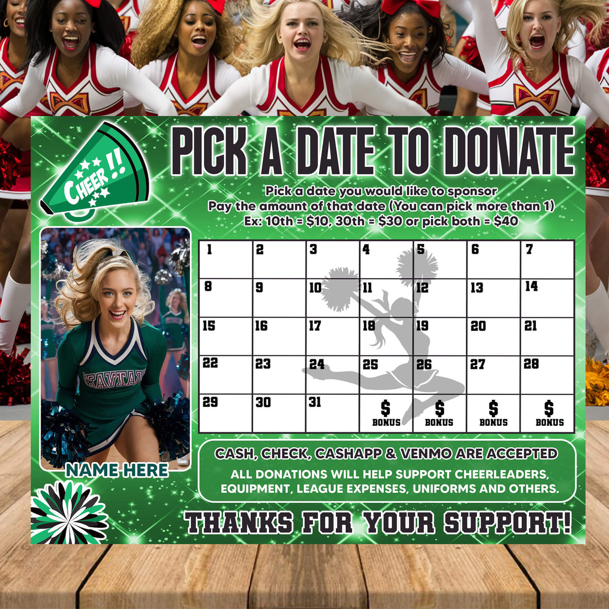 Cheer Squad Team Calendar Fundraiser | School Cheerleading Pick a Date ...