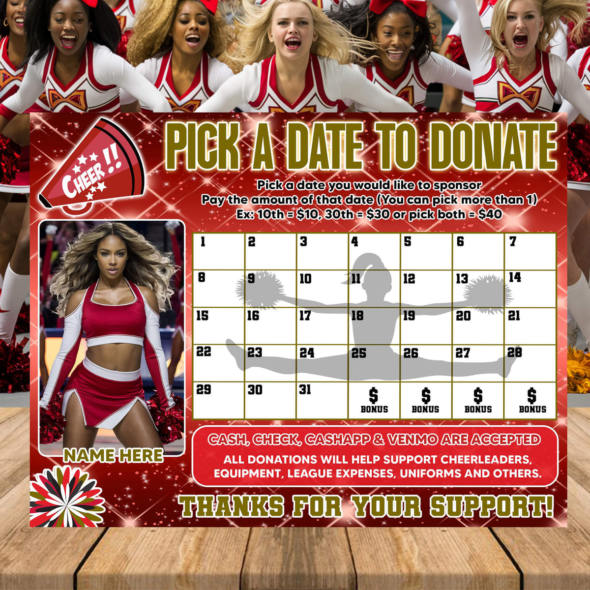 School Cheerleading Fundraising Donation Calendar | Cheer Squad Pick a ...
