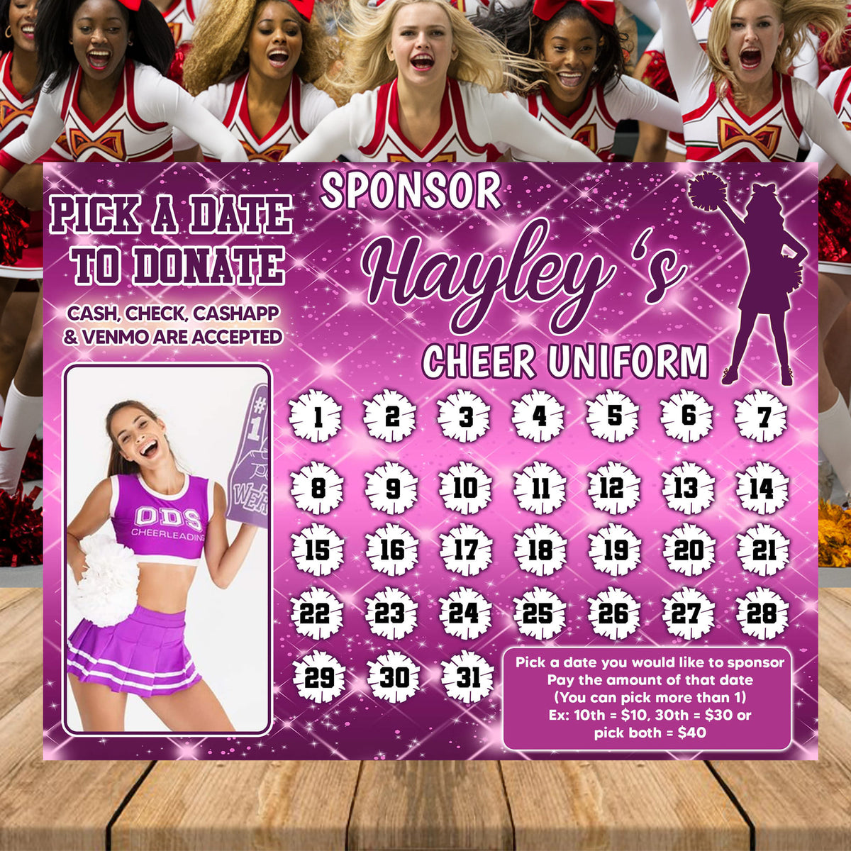 Customizable Cheerleader Team Pick a Date to Donate Template | Pep ...