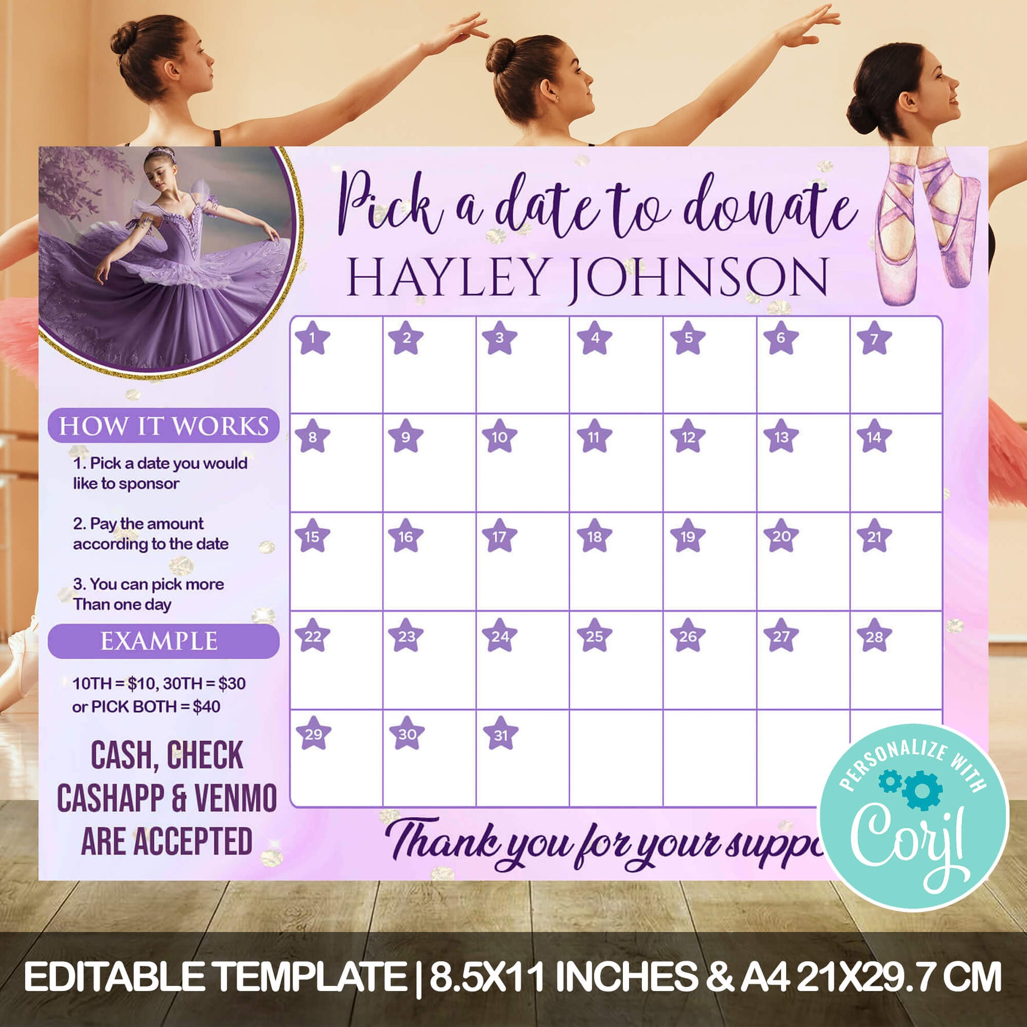 Customizable Dance Pick a Date to Donate | Ballet Ballerina Fundraising ...