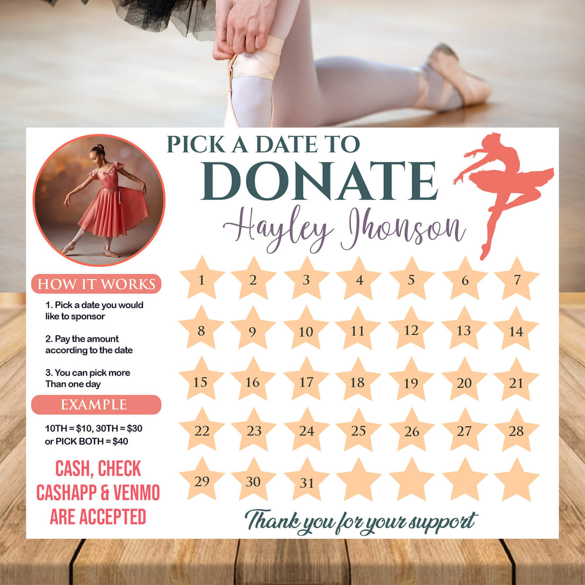 Ballet Themed Calendar Fundraiser | School Pick a Date to Donate ...