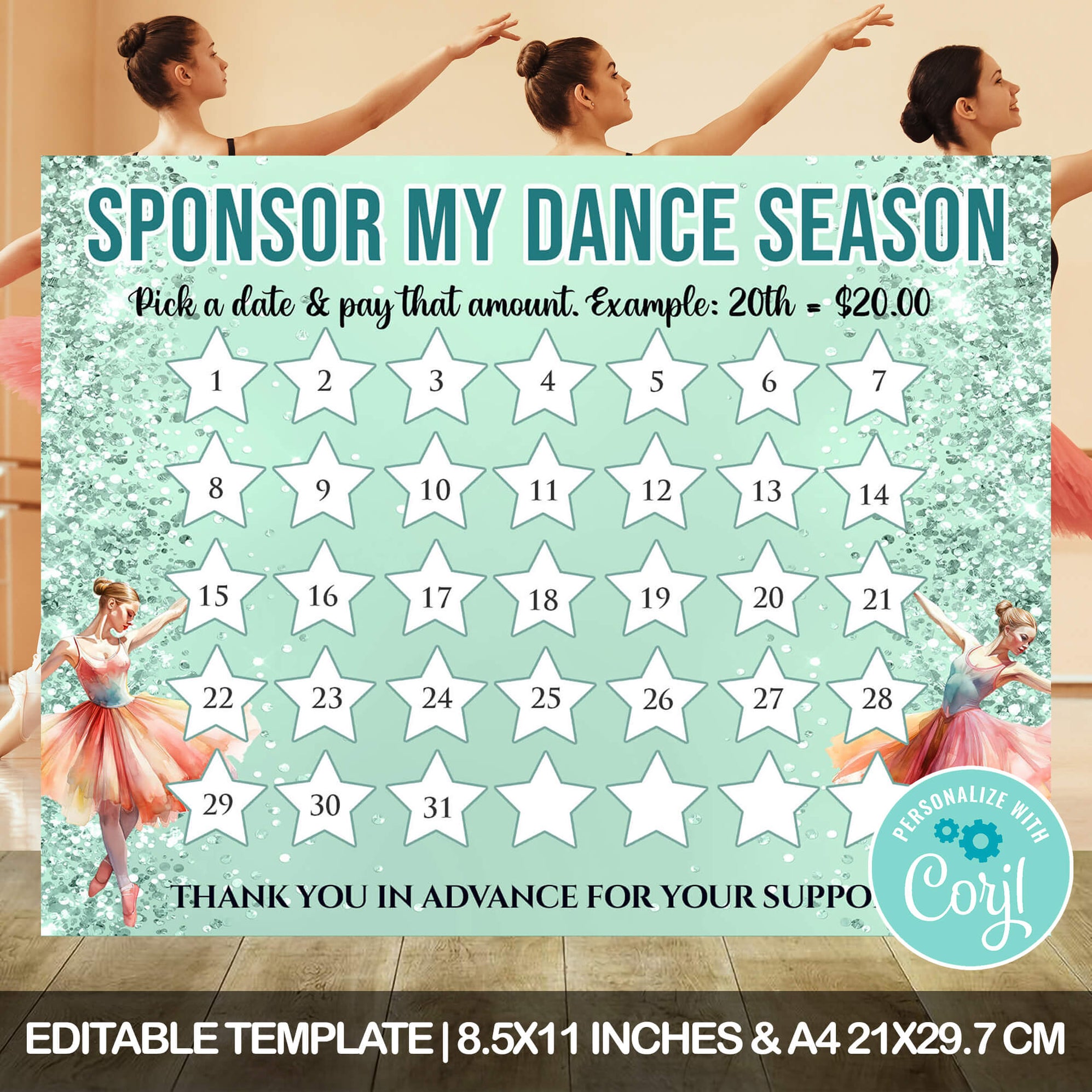 Dance Themed Pick a Date to Donate Fundraising Calendar | Editable ...