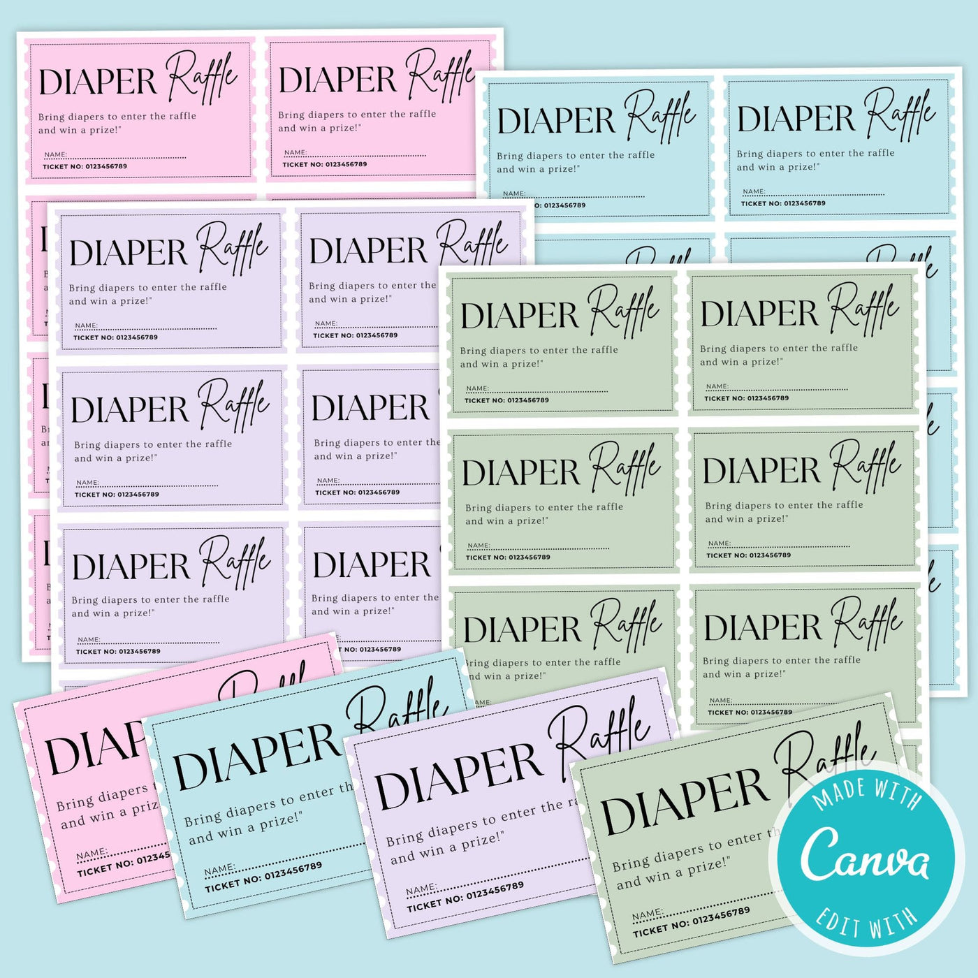 Baby Shower Diaper Raffle Ticket Template | Pastel Raffle Cards Game ...