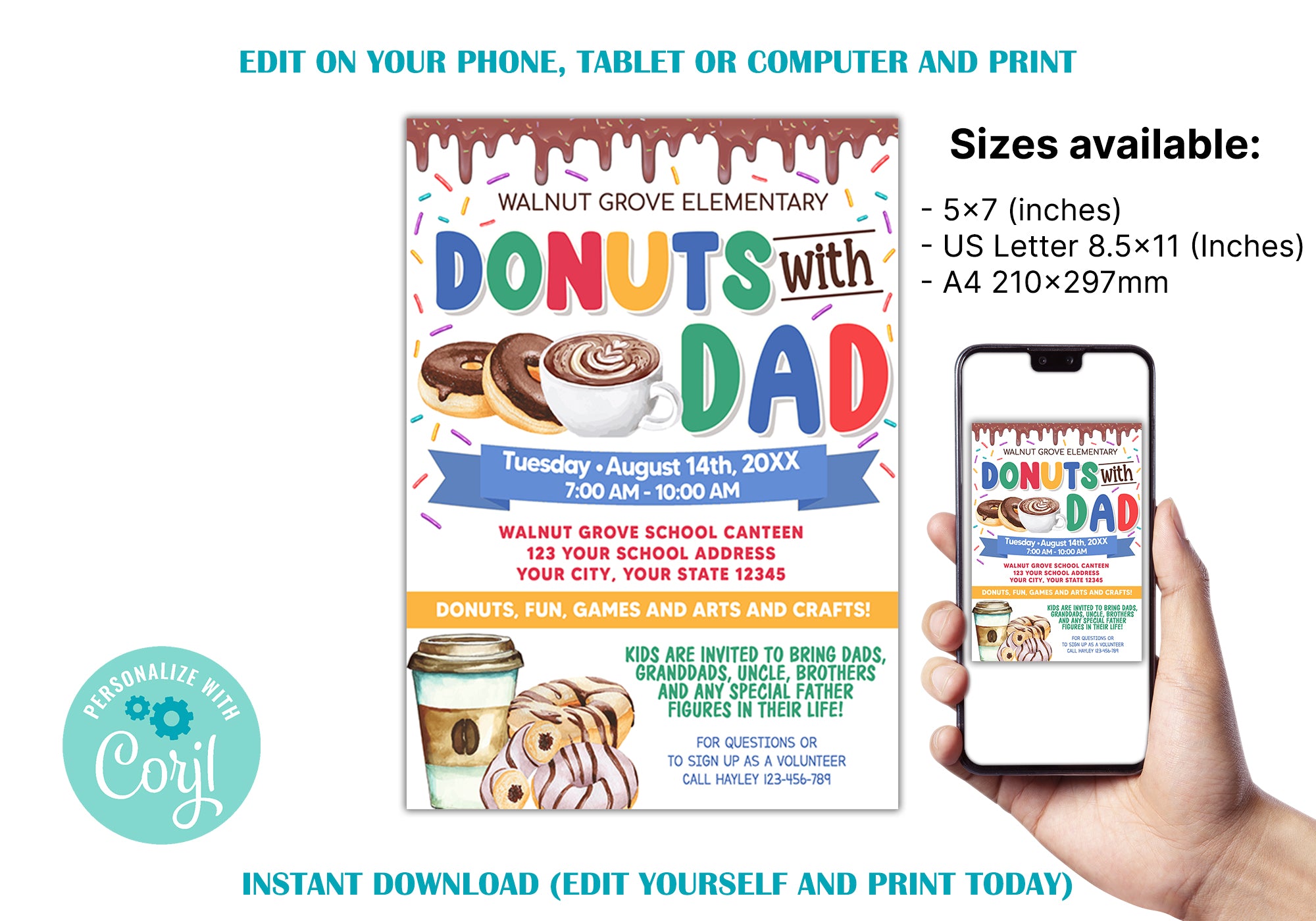 DIY Donut With Dad Flyer Template | School Donut Flyer Invitation ...