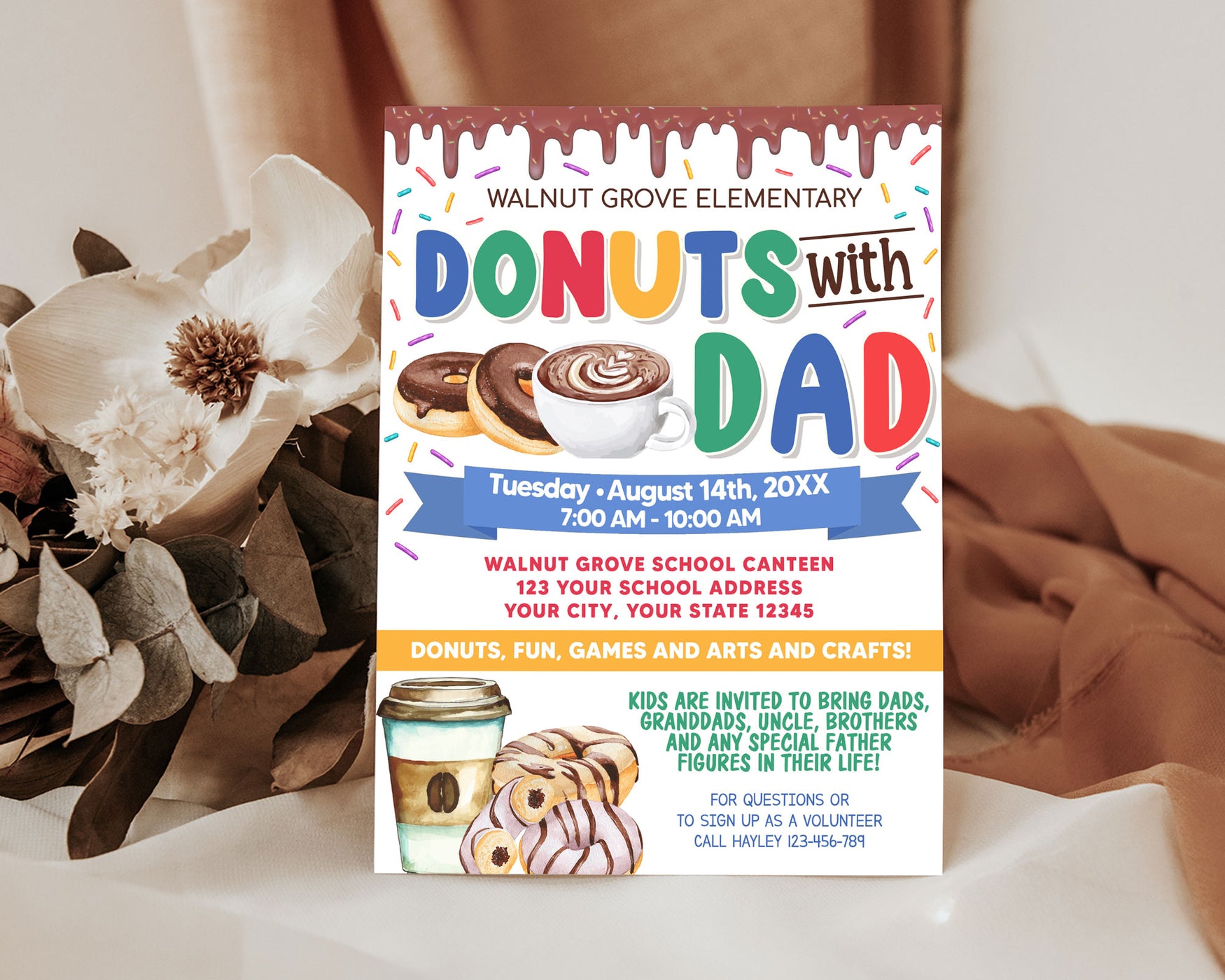 DIY Donut With Dad Flyer Template | School Donut Flyer Invitation ...