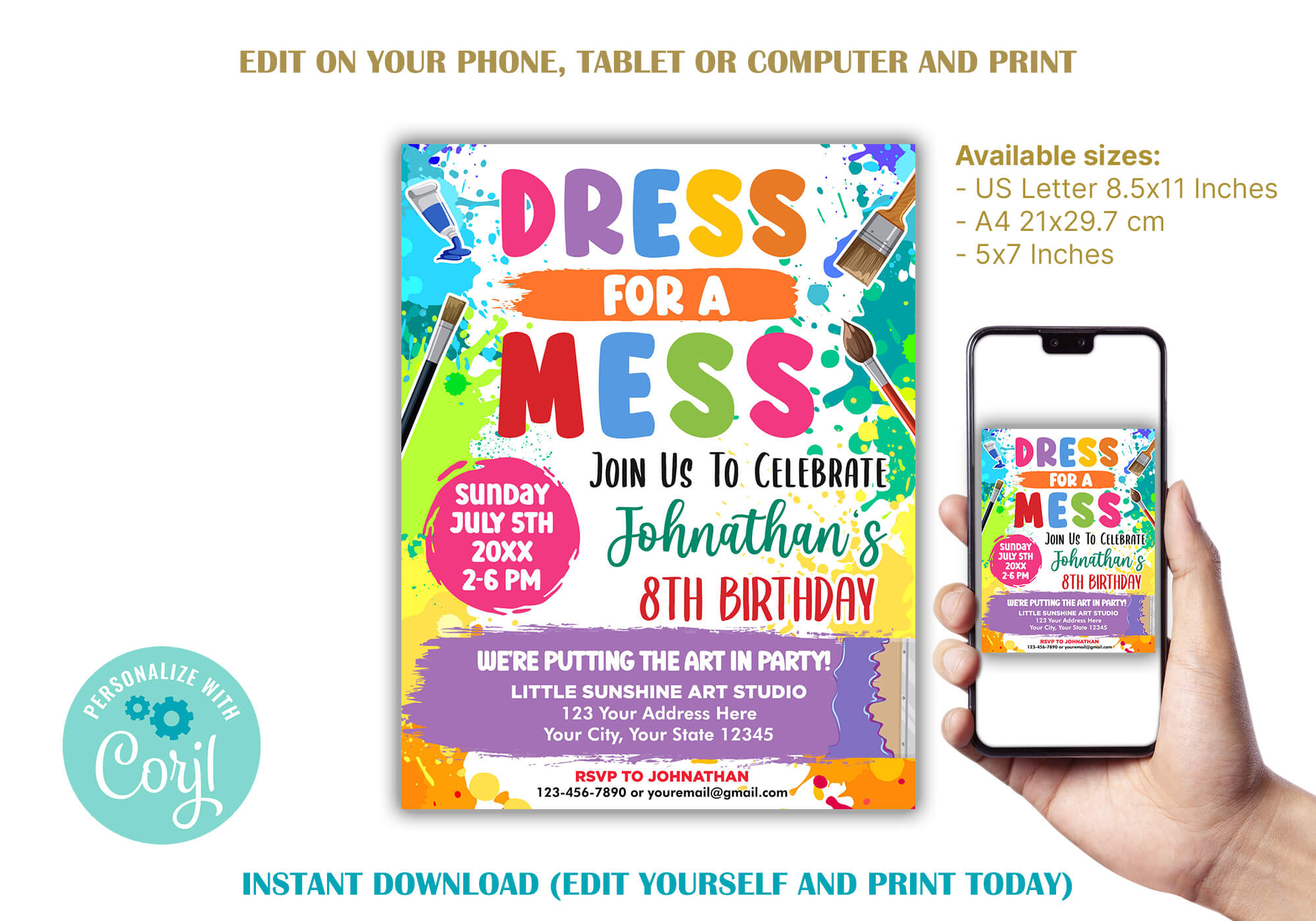 Art Themed Party Invitation Template | Dress For A Mess Paint Birthday ...