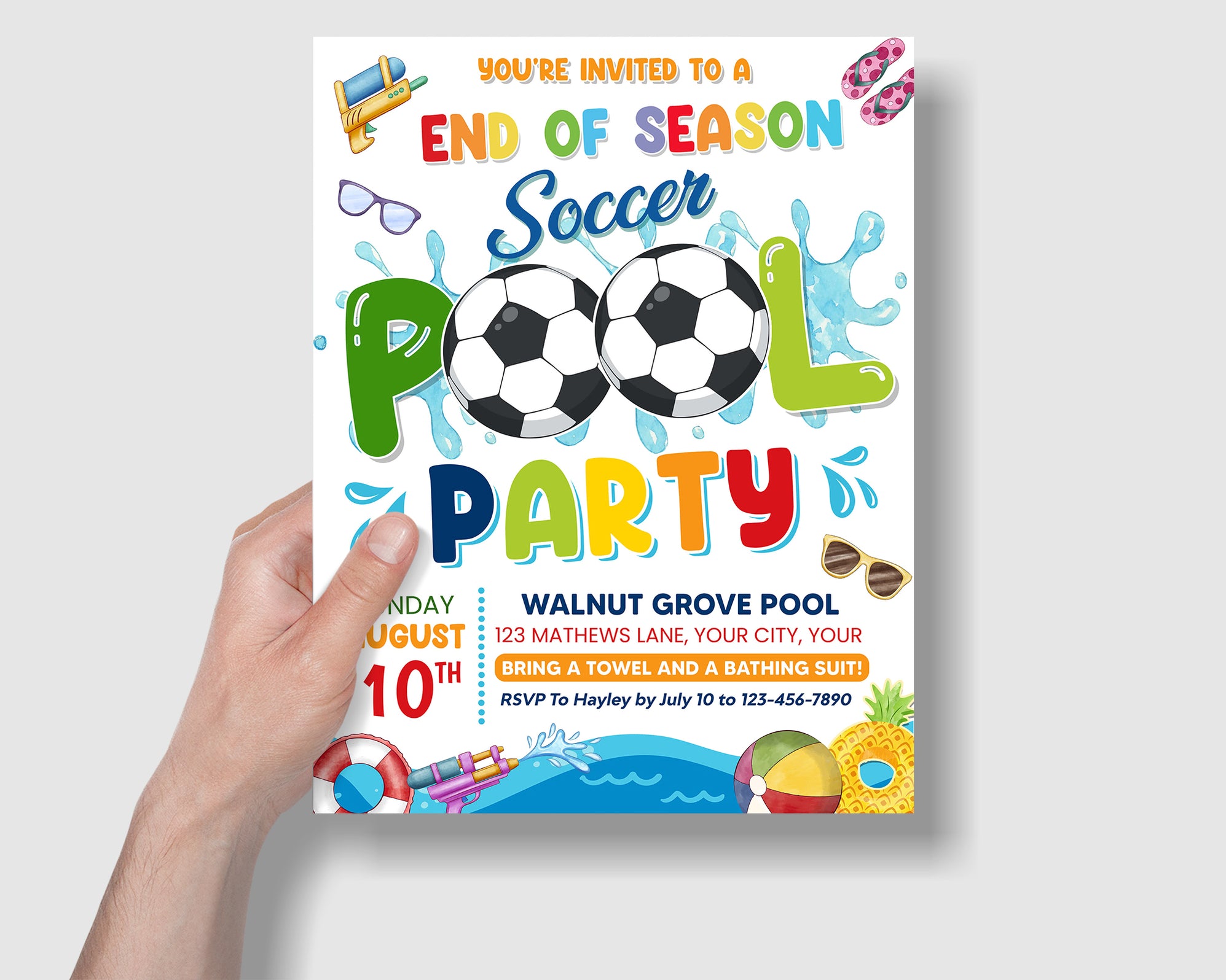 Customizable End of Season Soccer Pool Party Flyer | Sports Pool Party ...