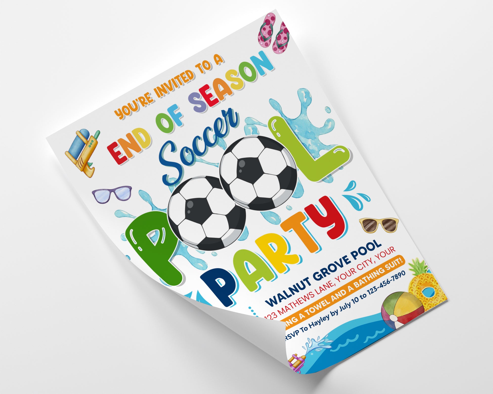 Customizable End of Season Soccer Pool Party Flyer | Sports Pool Party ...