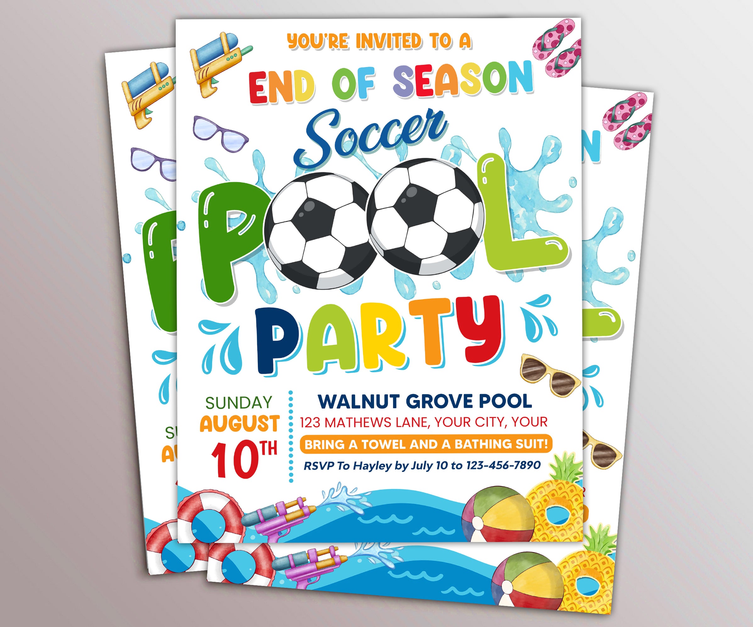 Customizable End of Season Soccer Pool Party Flyer | Sports Pool Party ...