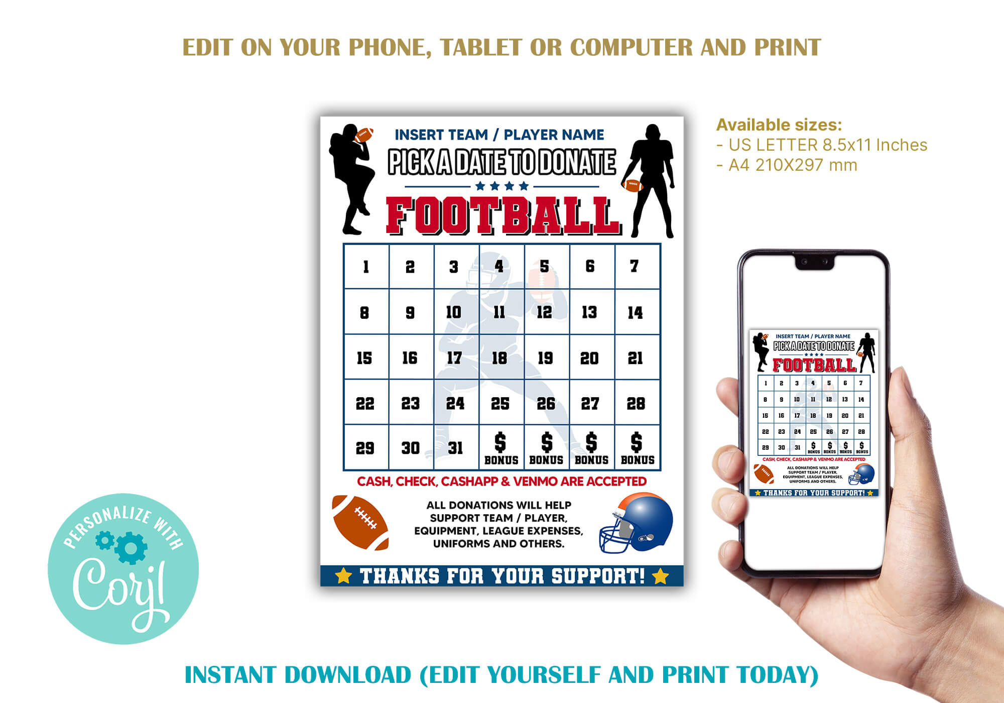 DIY Football Sports Donation Calendar | Pick a Date to Donate Rugby ...
