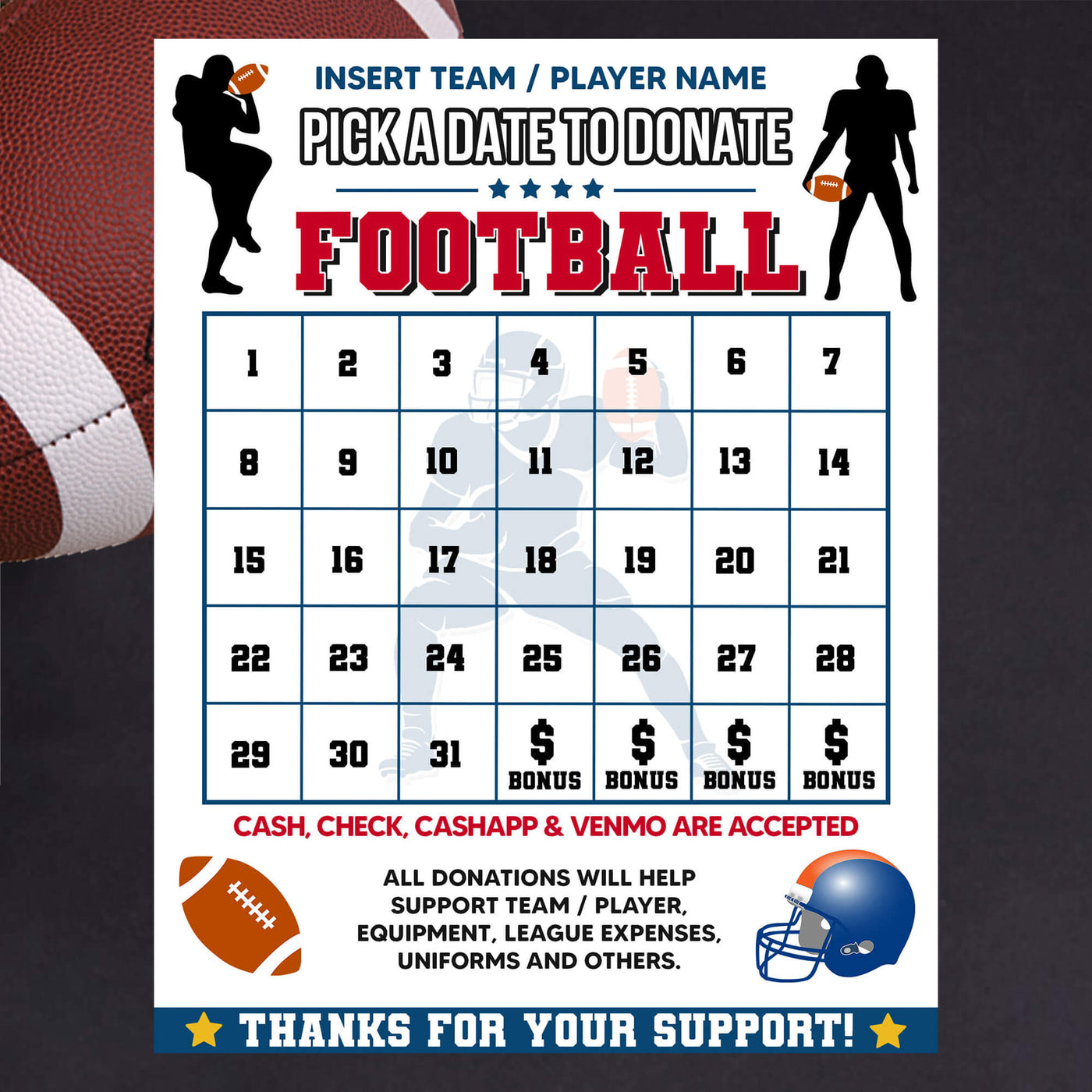DIY Football Sports Donation Calendar | Pick a Date to Donate Rugby ...