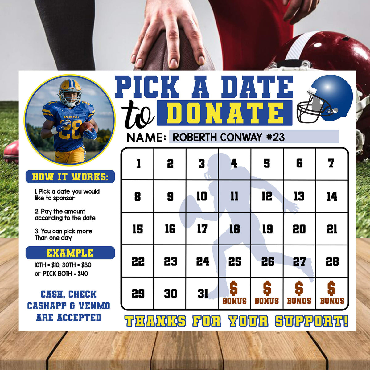 Football Pick A Date To Donate | Rugby Fundraising Donation Calendar ...