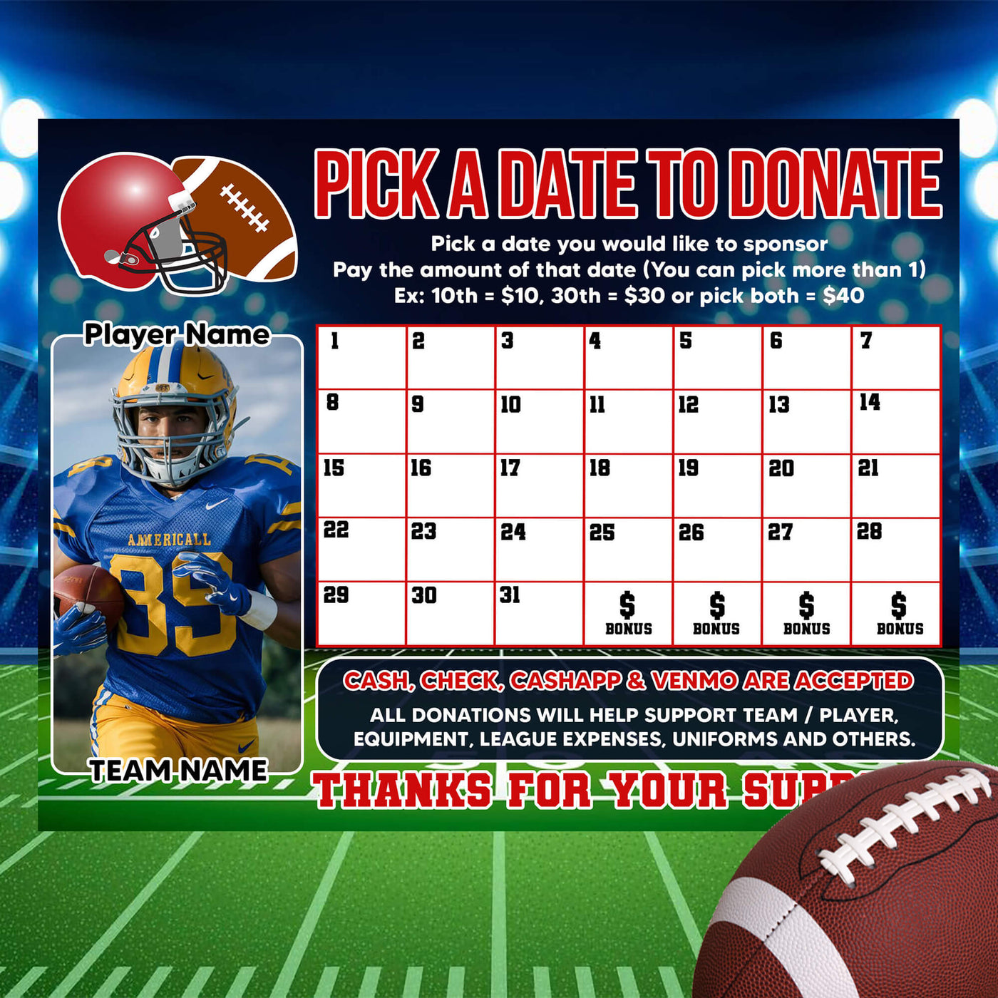 Football Fundraising Donation Calendar | Football Rugby Pick a Date to ...