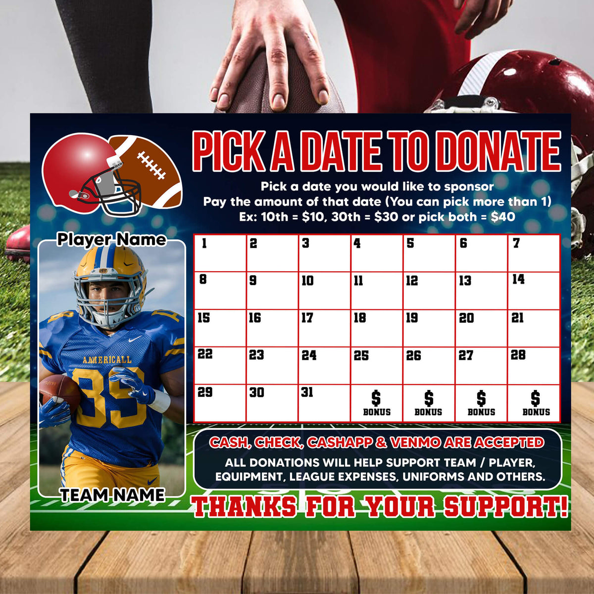 Football Fundraising Donation Calendar | Football Rugby Pick a Date to ...