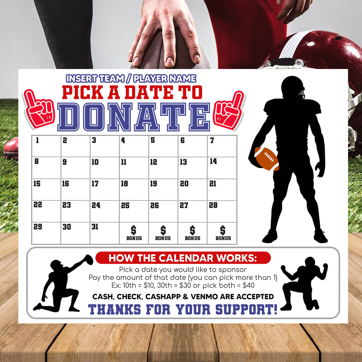 Football Fundraiser Donation Calendar | Rugby Pick a Date to Donate ...