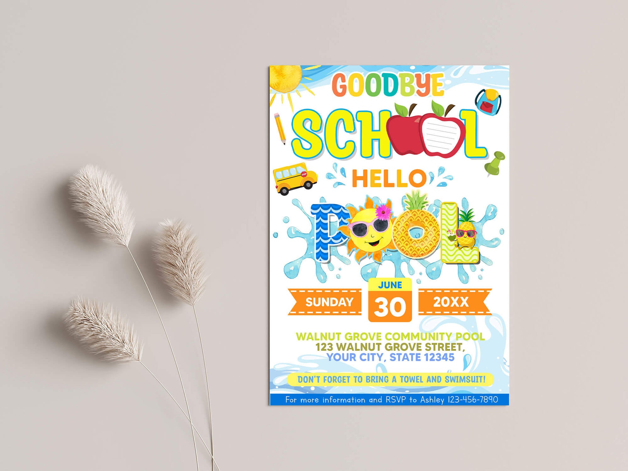 Goodbye School Hello Pool Party Invitation | End of School Invite ...