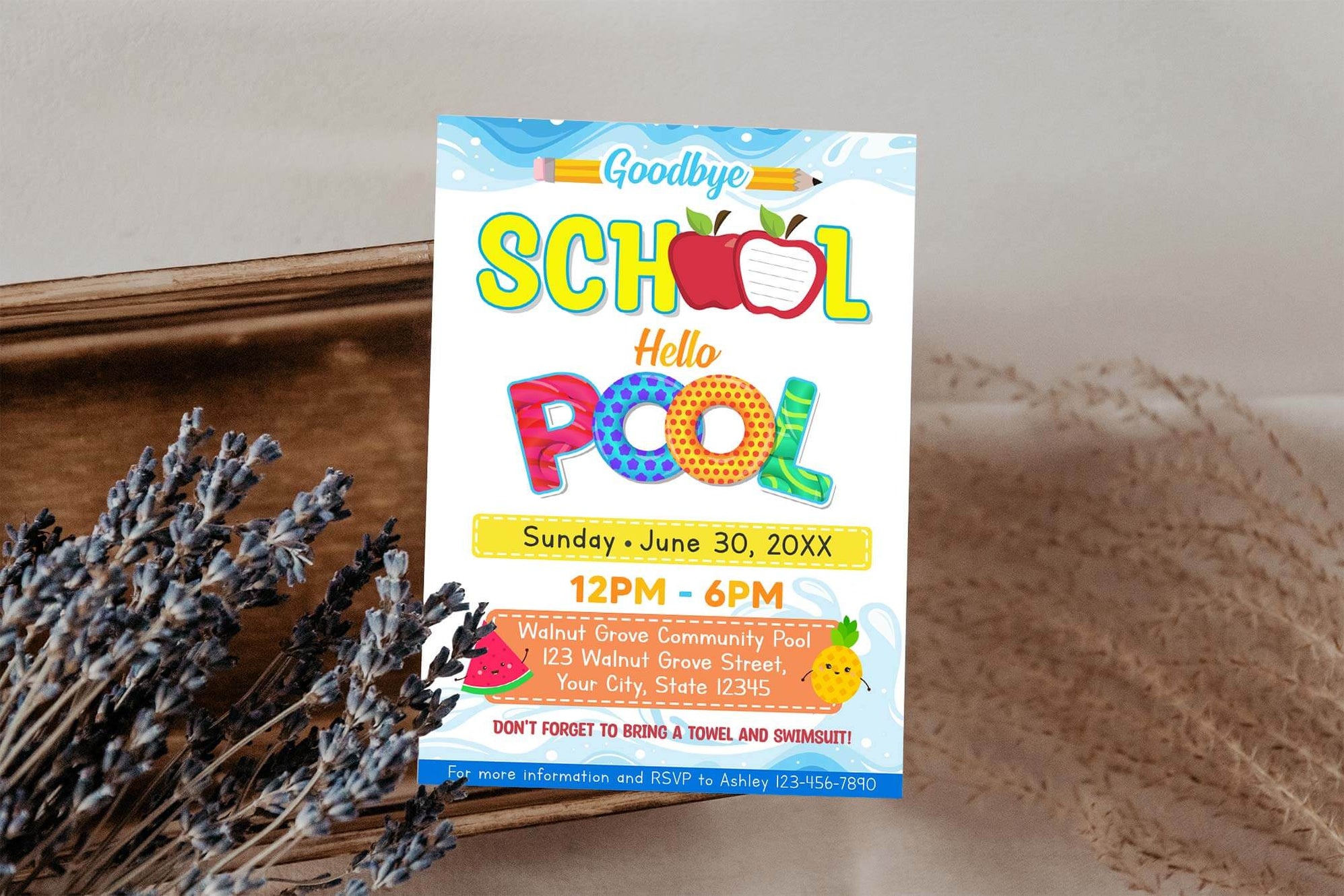 DIY Goodbye School Hello Pool Party Invitation Template | End of School ...