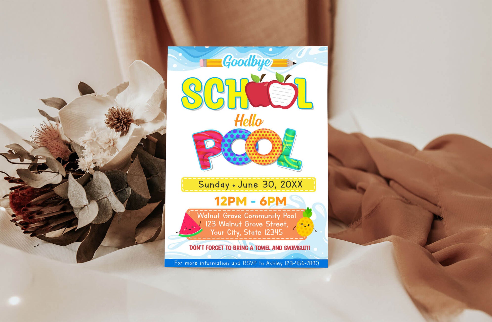 DIY Goodbye School Hello Pool Party Invitation Template | End of School ...
