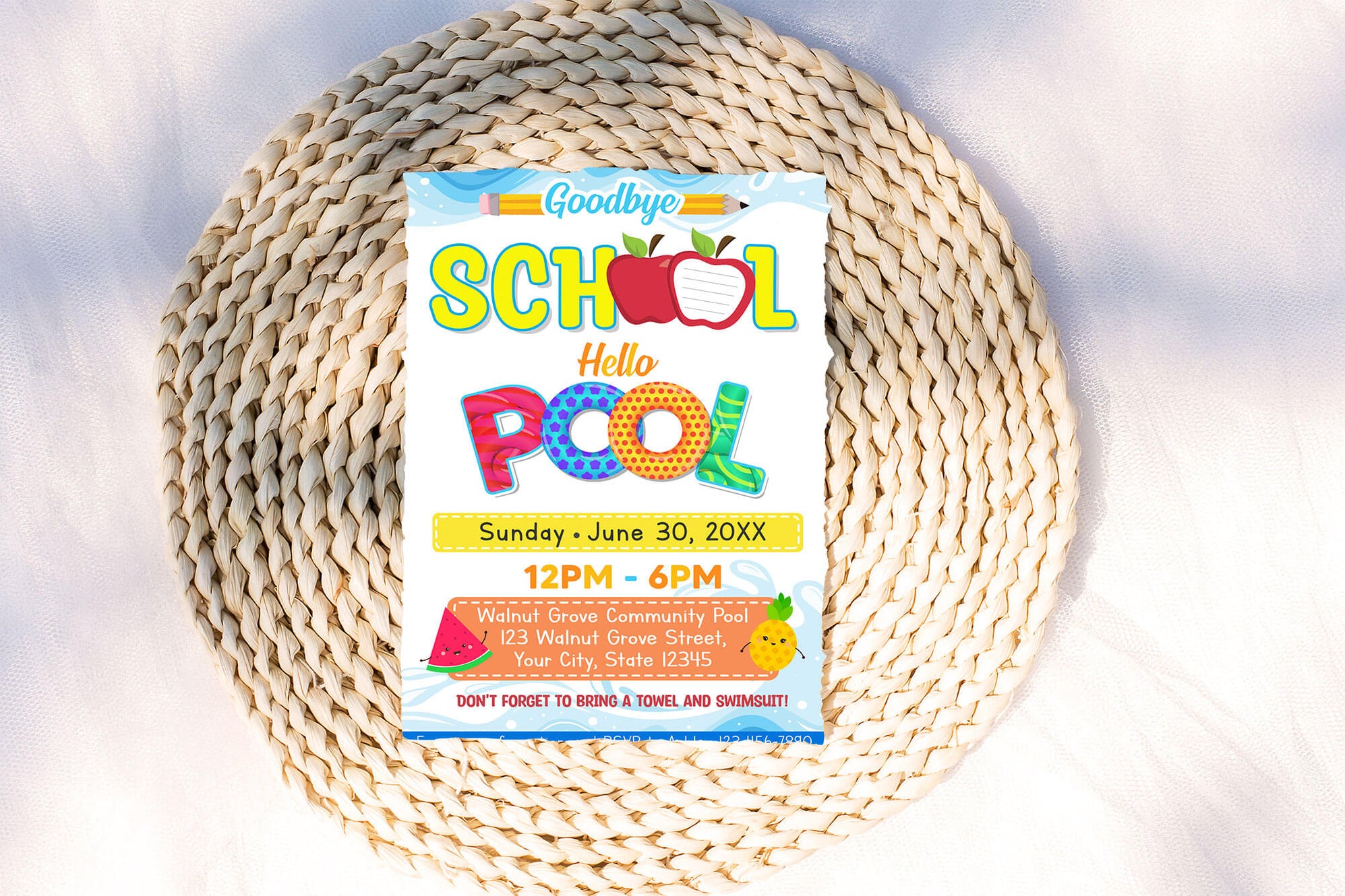 DIY Goodbye School Hello Pool Party Invitation Template | End of School ...