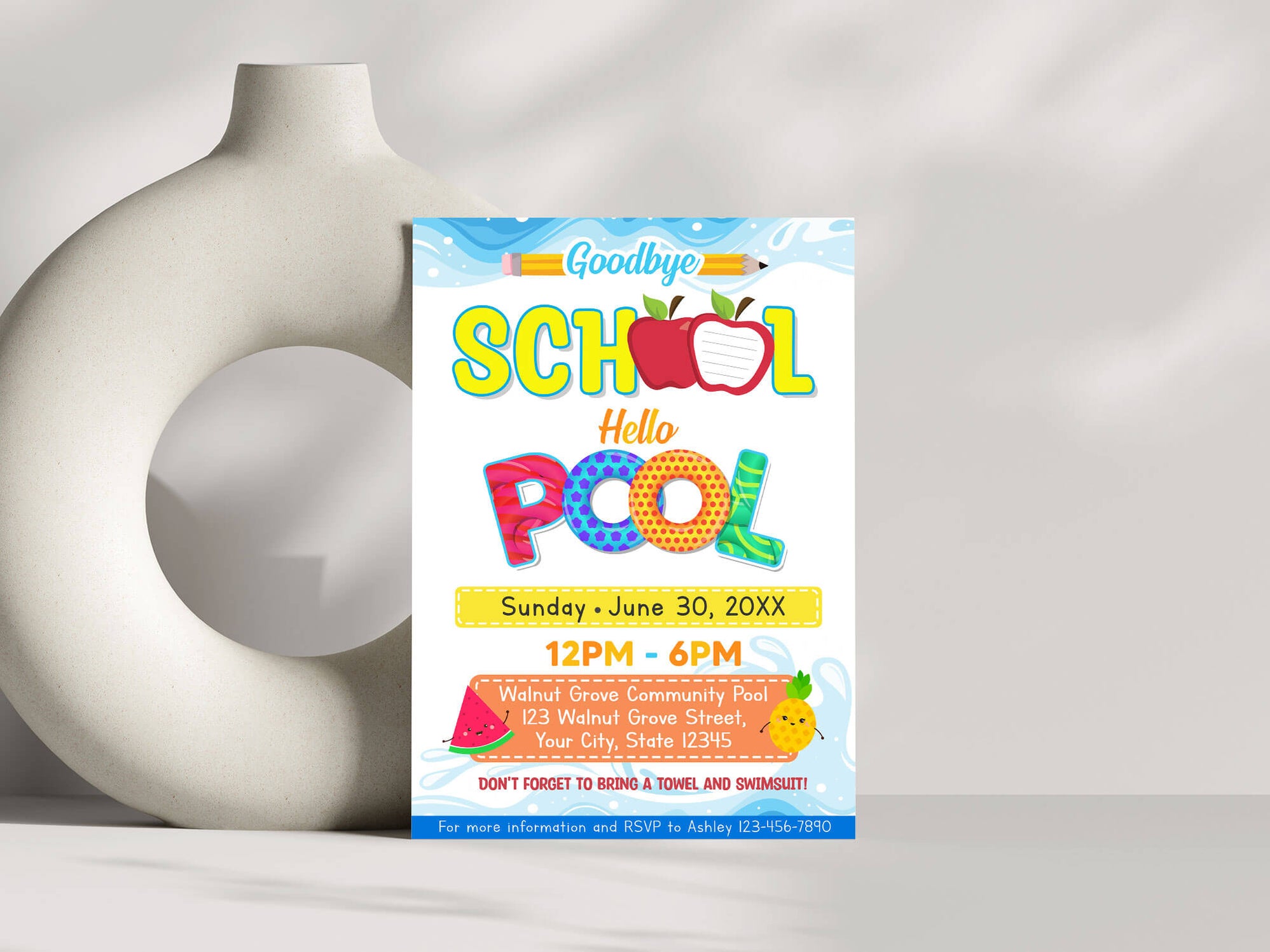 DIY Goodbye School Hello Pool Party Invitation Template | End of School ...