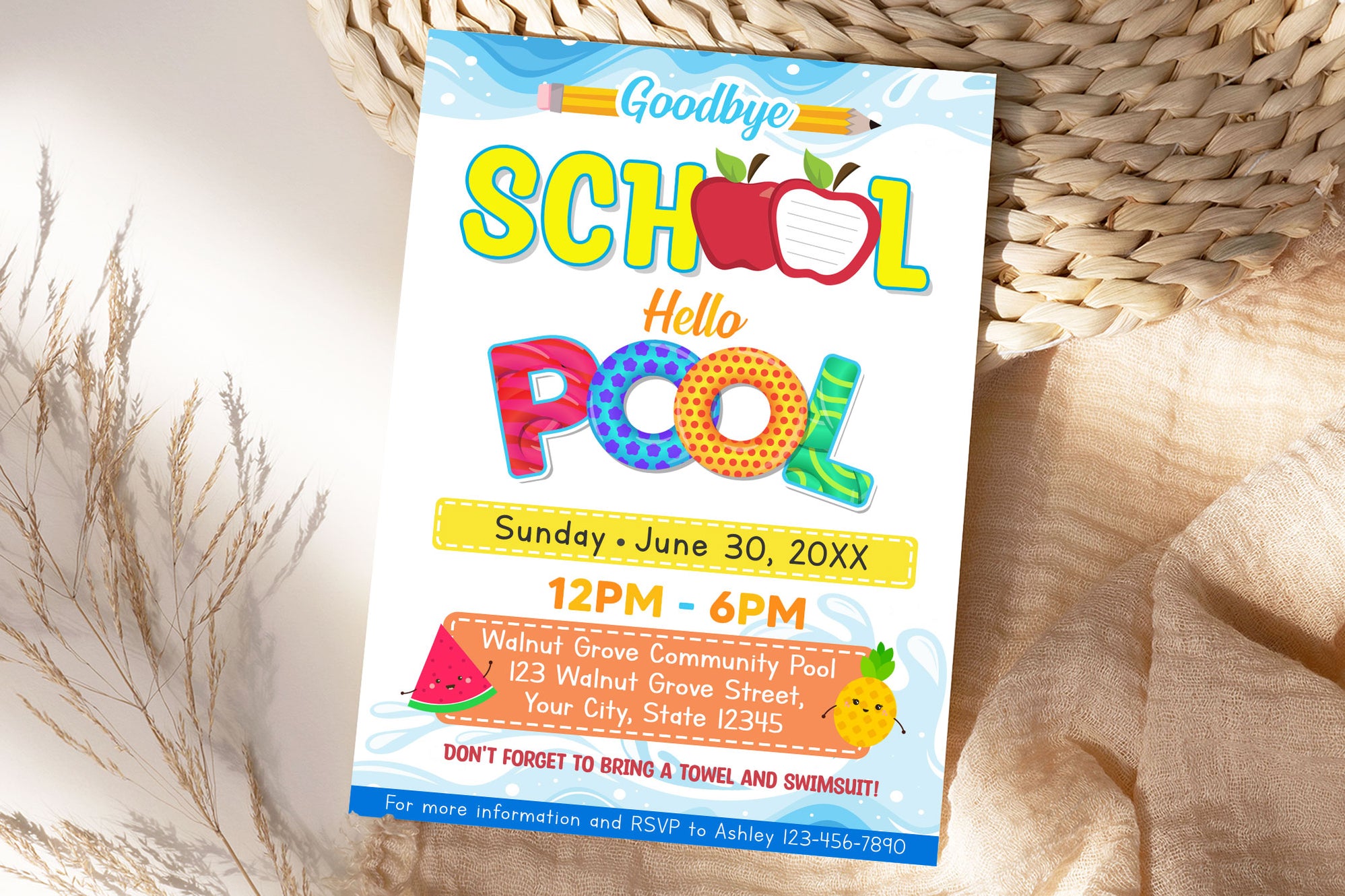 DIY Goodbye School Hello Pool Party Invitation Template | End of School ...