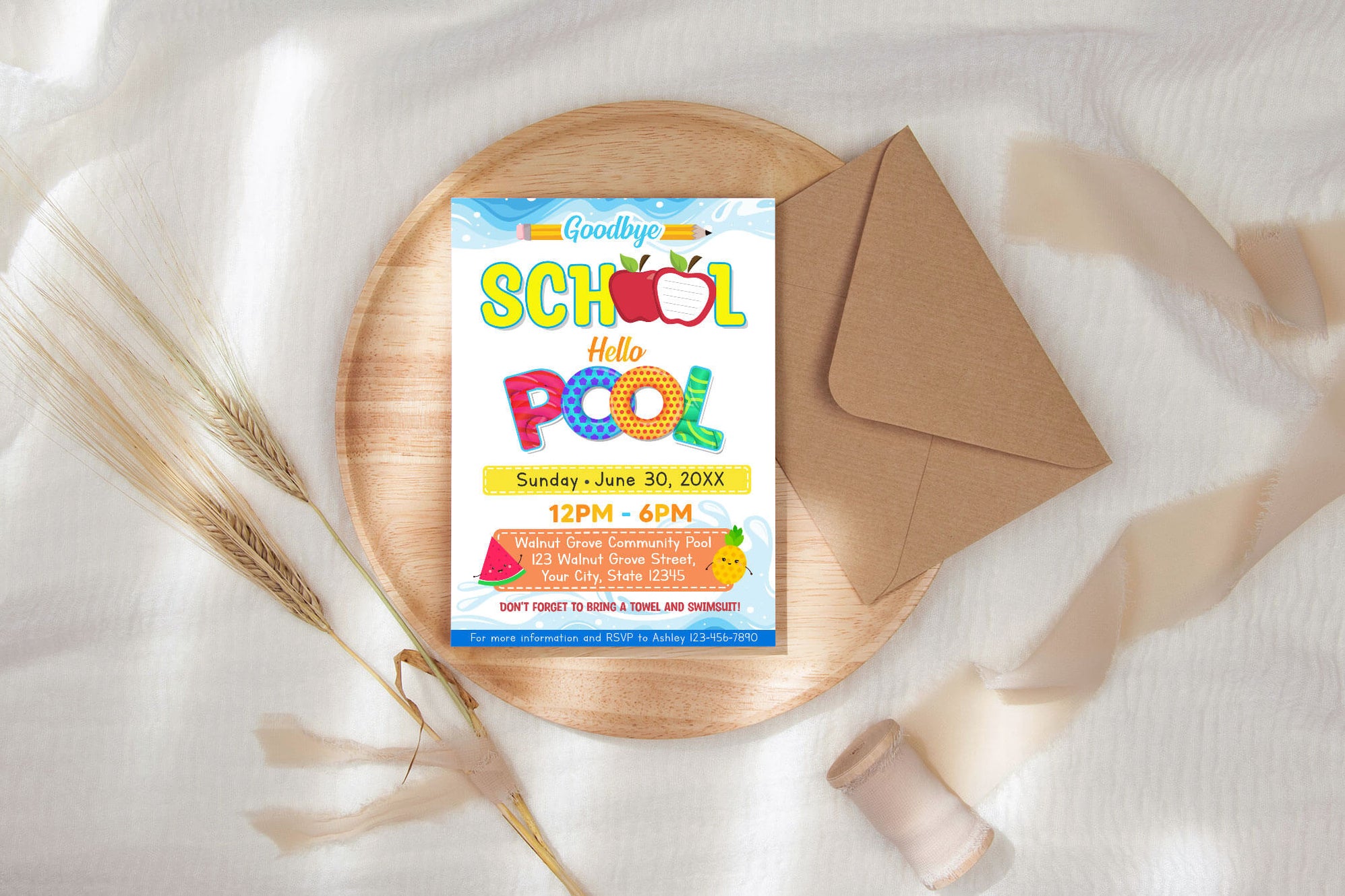 DIY Goodbye School Hello Pool Party Invitation Template | End of School ...
