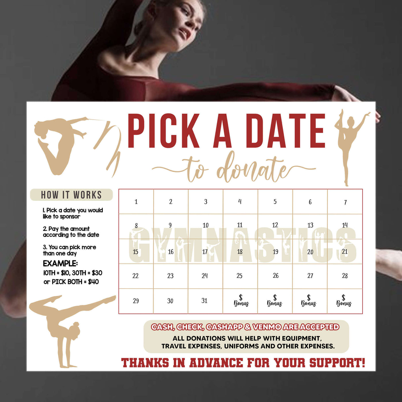 Minimalist Gymnastics Donation Calendar Template | School Gymnast Pick ...