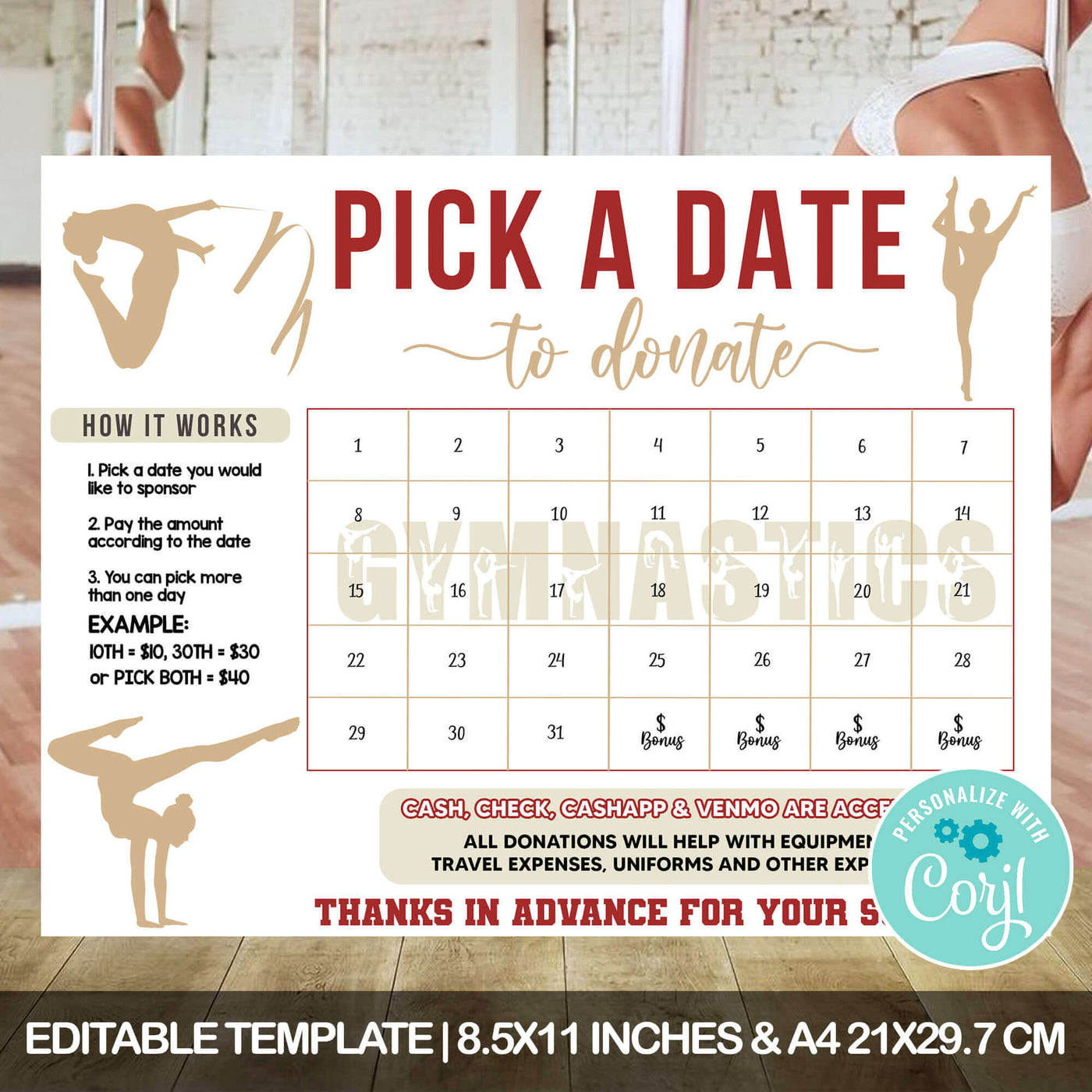 Minimalist Gymnastics Donation Calendar Template | School Gymnast Pick ...