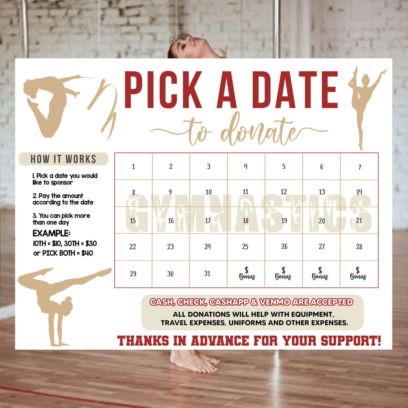 Minimalist Gymnastics Donation Calendar Template | School Gymnast Pick ...